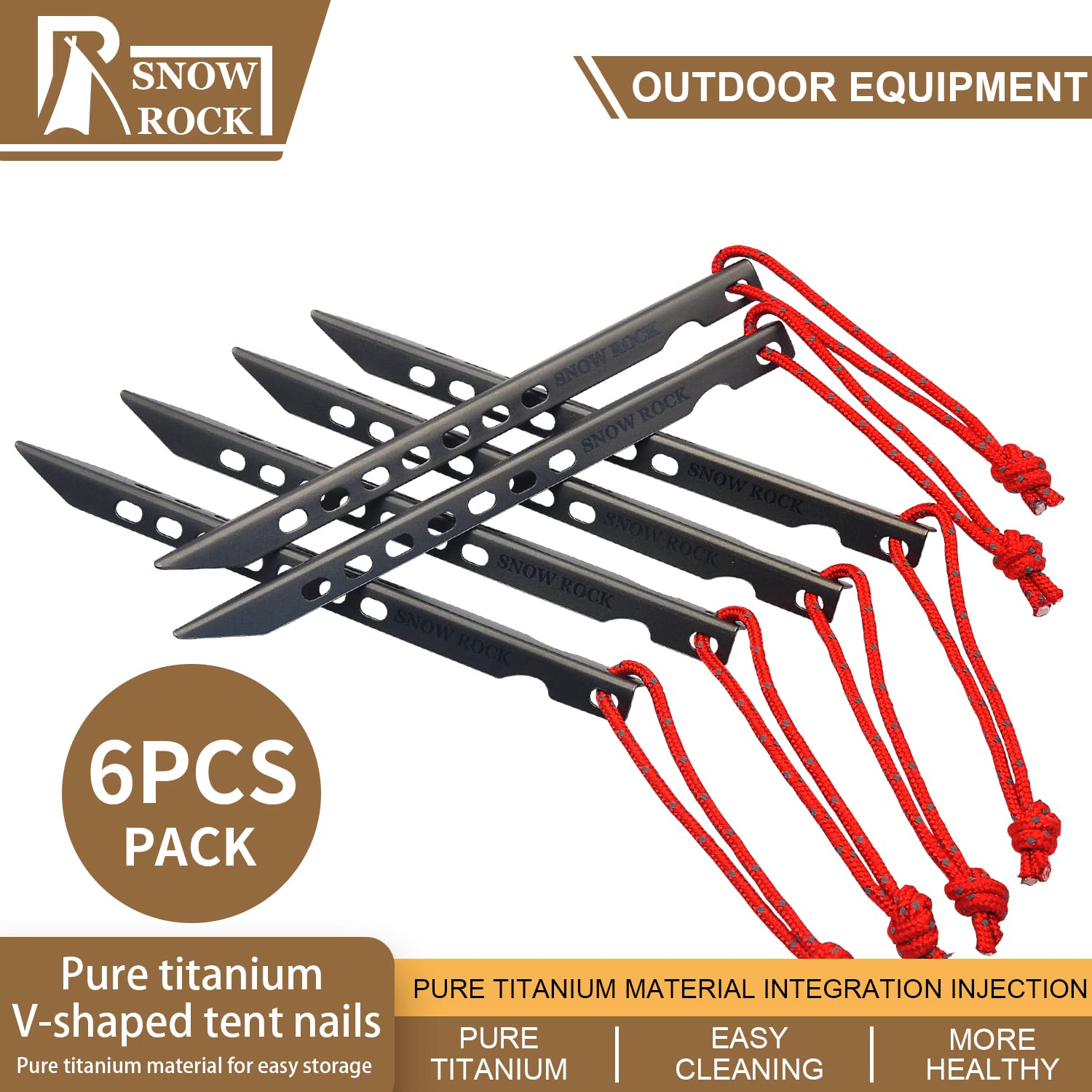 Snow Rock 6 Pack of Titanium Tent Stakes Sturdy Strong V-Shaped Tent Pegs with Reflective Pull Cords for Camping Outdoor（Style A）
