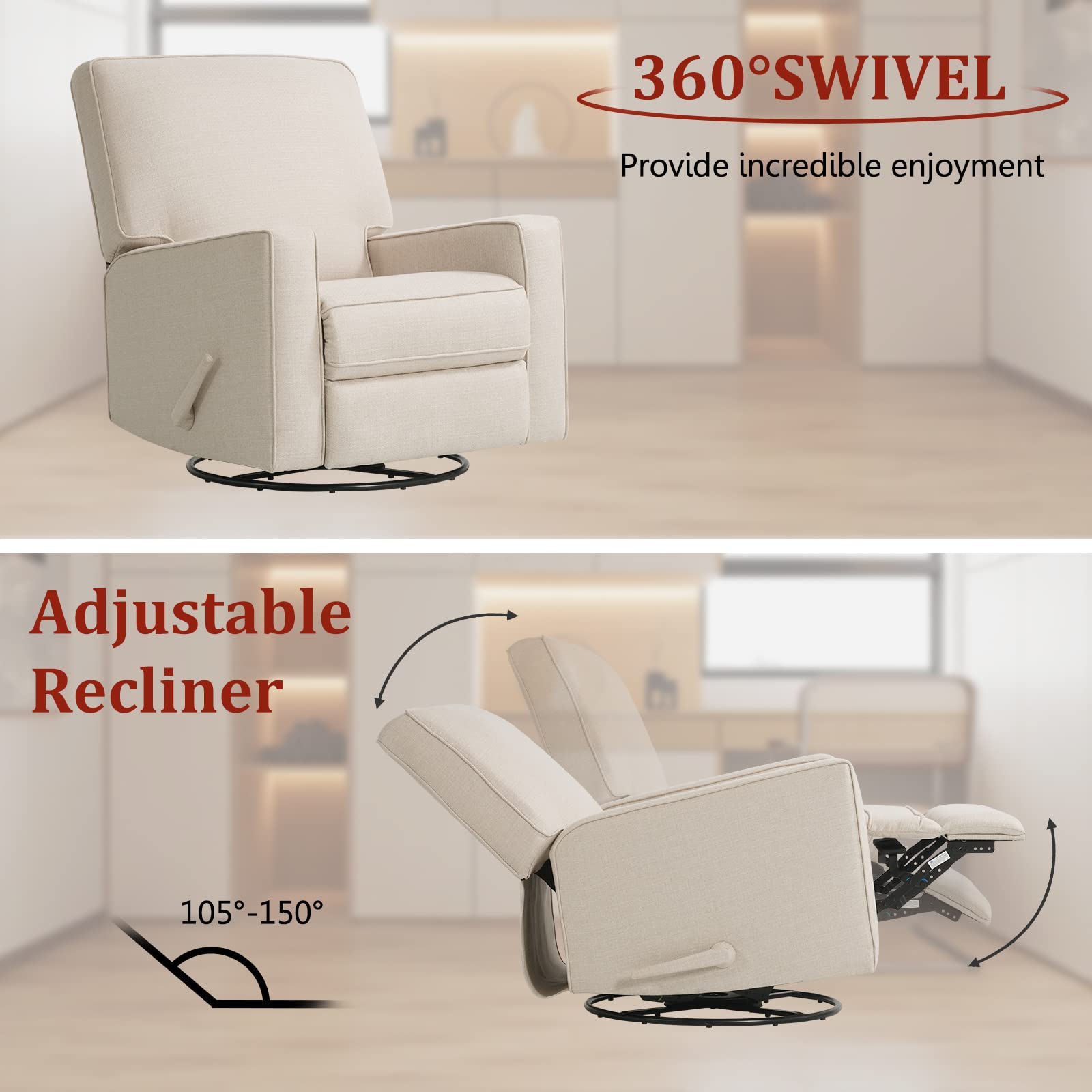 Luffield Swivel Rocker Recliner Chair -Manual 360 Degree Swivel Recliners Comfy Glider Rocking Chairs, Single Modern Sofa Home Theater Seating for Living Room (Beige)