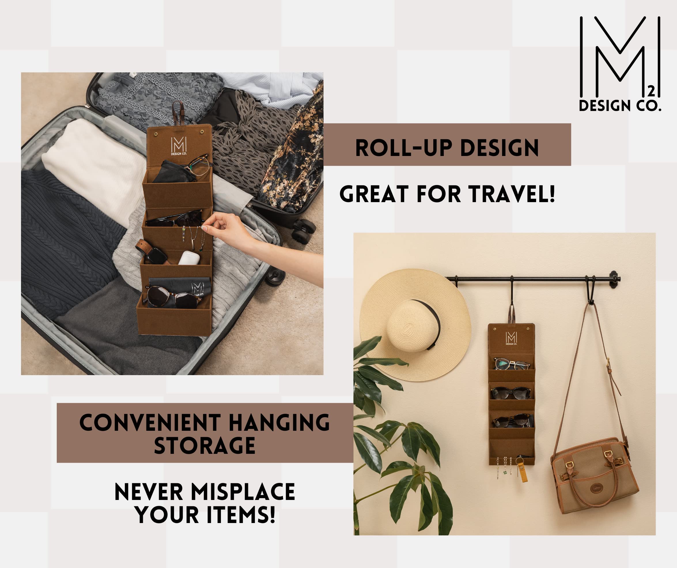 Sunglass Holder For Multiple Glasses – Sunglass Organizer Premium Vegan Leather Foldable Travel Case Luxury Glasses Case | Sunglass Case Hard Shell for Travel (4 Slots, Brown - Checkered)