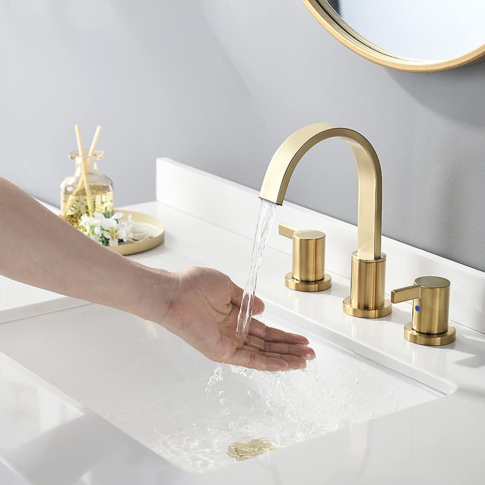 Phiestina 8 Inch 3 Hole 2 Handle Waterfall Widespread Brushed Gold Bathroom Sink Faucet with Metal Pop-Up Drain, WF040-1-BG