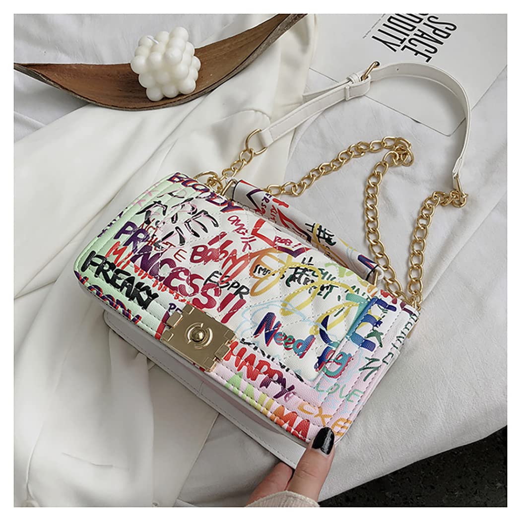 Small Rhombus Stitching Shoulder Bag, Fashion 2022 Graffiti Retangle Crossbody Handbag PU Leather (White)