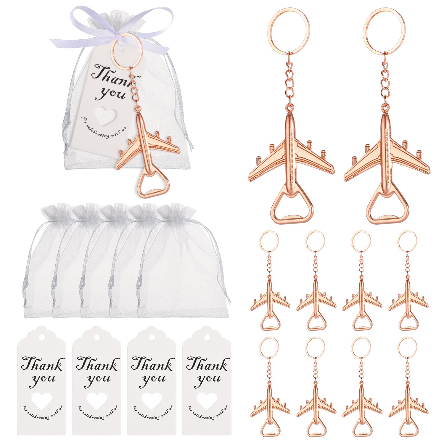Winocbxt 50PCS AirplaneRose Gold Bottle Opener Keychains for Wedding or Bridla Shower Favors, Gifts, Souvenirs to Guests Bluk
