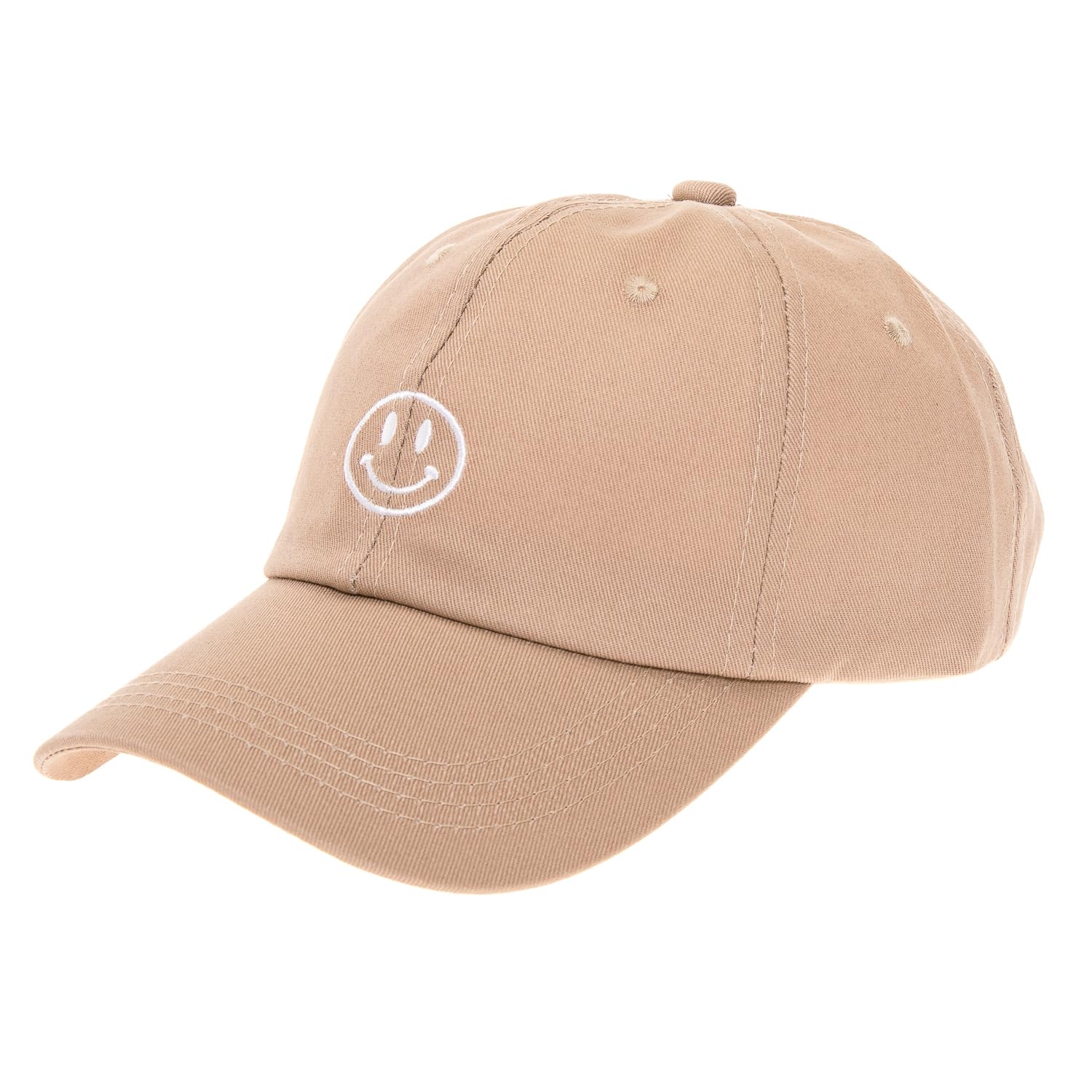 Smile Face Baseball Cap – Fashionable Embroidered Trucker Hat for Women. Trendy, Light Weight Adjustable Cute Hats for Summer (Khaki)
