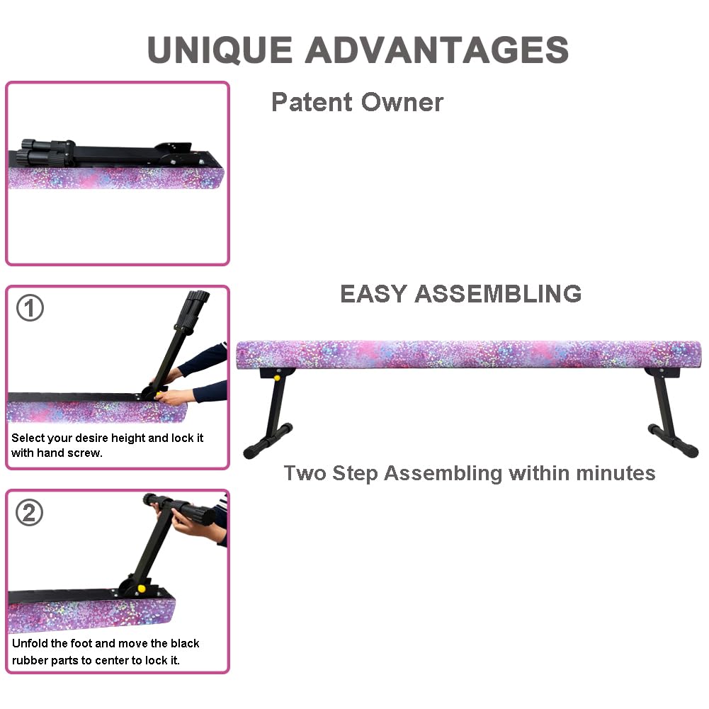 Sealoha 8ft Adjustable&Foldable Balance Beam,High-Low Floor Beam Suede Gymnastics Equipment,No Tool Require,Gymnastics Beam for Training,Physical Therapy and Professional HomeTraining (Polychrome)