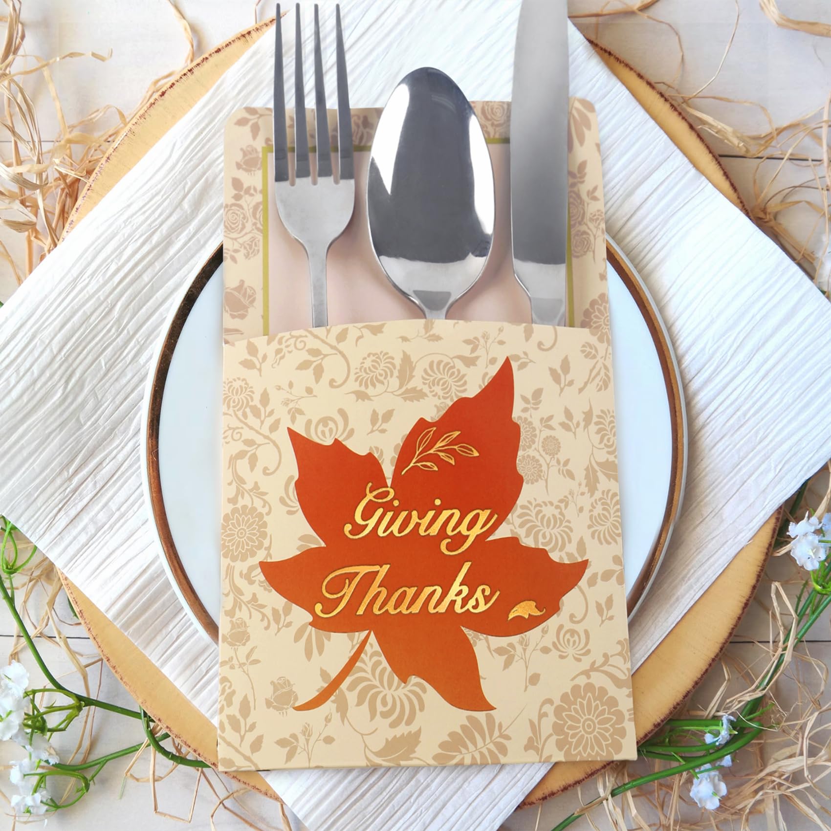 Roberly 36 Pcs Thanksgiving Cutlery Holder Table Decor, Thanksgiving Gold Foil Utensil Holder Pockets for Autumn Harvest Thanksgiving Essentials Party Supply Dinner Table Decorations