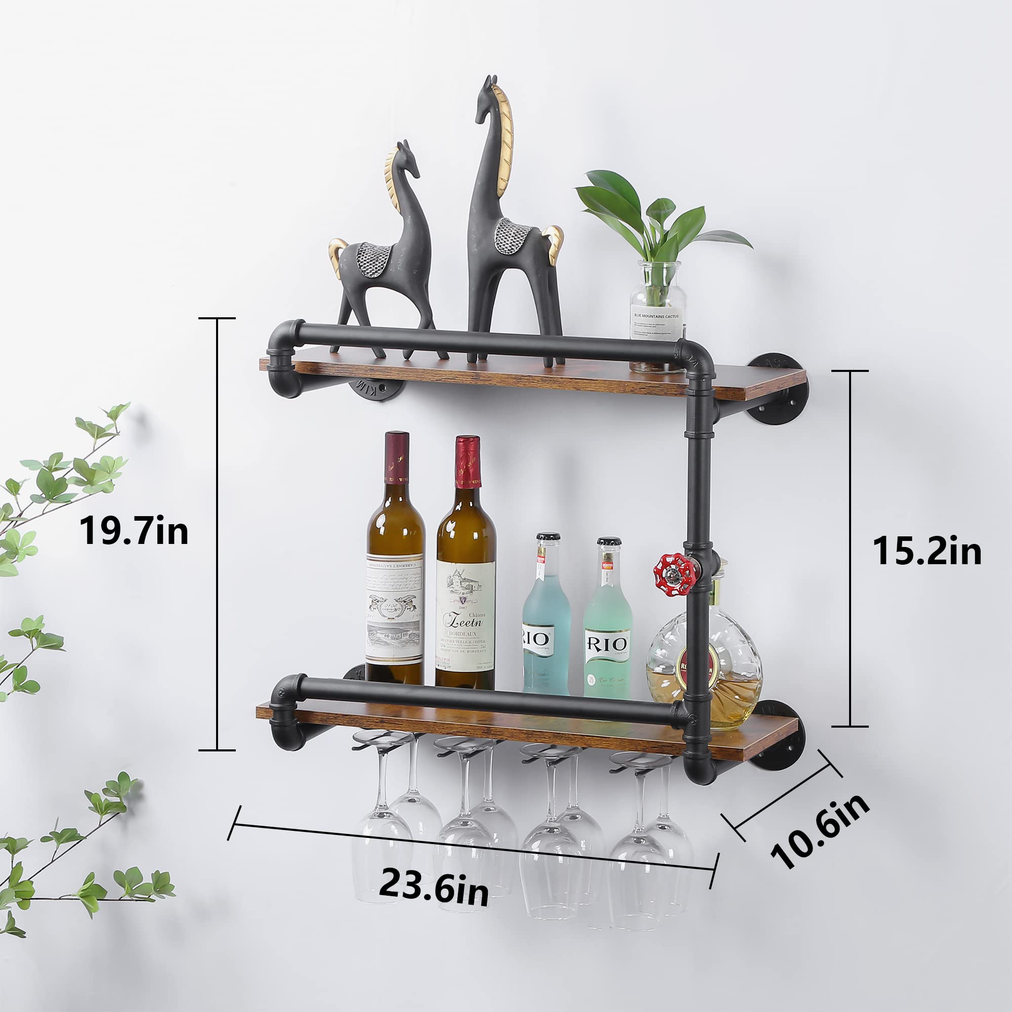 POLUNCA Wine Rack Wall Mounted 2 Tier, Industrial Pipe Decor, Black Wine Shelf Rack with Glass Holder, Perfect for Kitchen, Bar, Restaurant, 23.6x10.6x19.7 inches