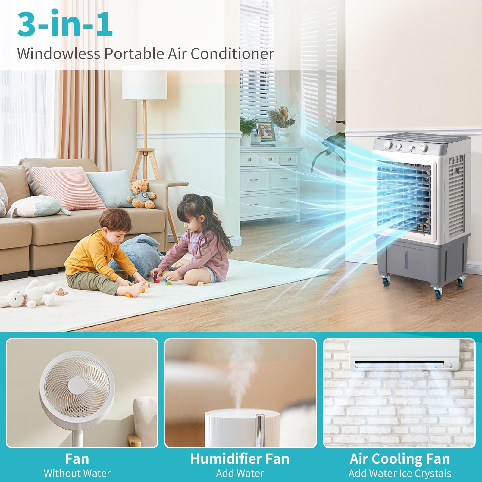 Winado Portable Swamp Cooler w/Wheels, 2353 CFM Evaporative Air Cooler w/ 8 Gallon Water Tank, 3-in-1 Cooling Fan with 3 Speed & Auto Oscillation & 1H Timer for Home & Commercial 80W
