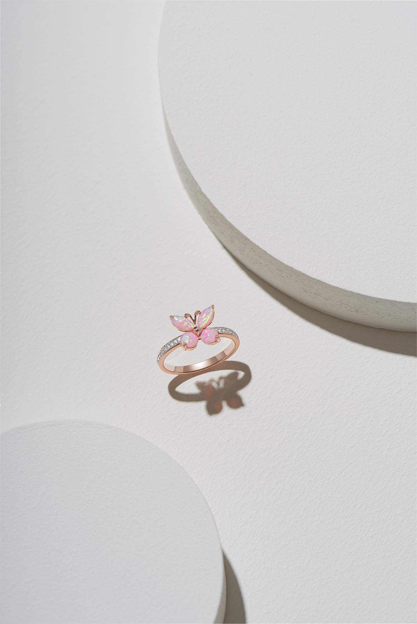 MORGAN & PAIGE 14K Rose Gold Butterfly Ring - Plated .925 Sterling Silver Pink Opal Butterfly Ring For Women - Lab Created Sapphire Ring With Eye Motif Centerpiece - Size 7