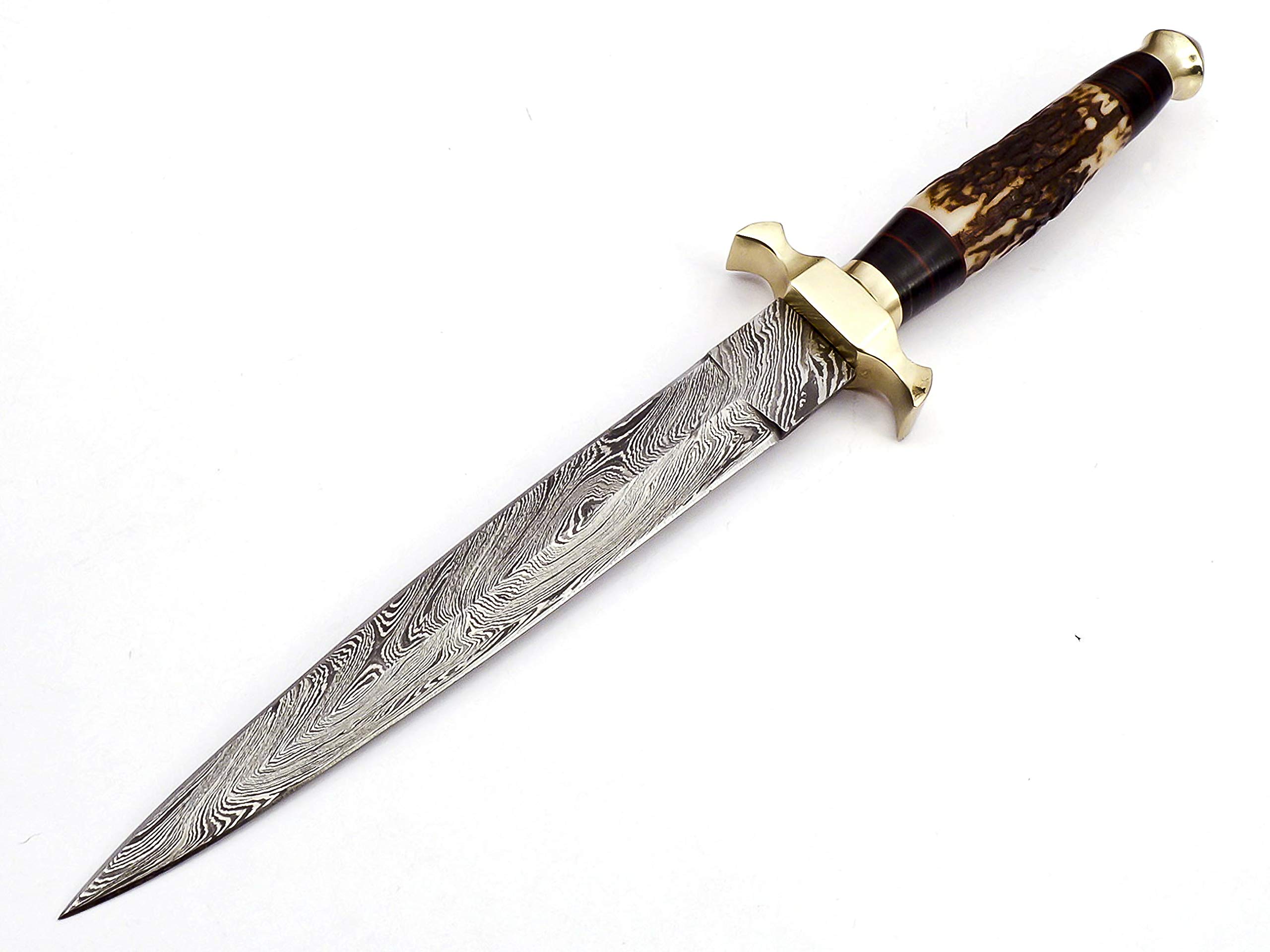 Mid American Cutlery Damascus Steel Fixed Blade Knife With Stag Antler Brass Pommel And Guard
