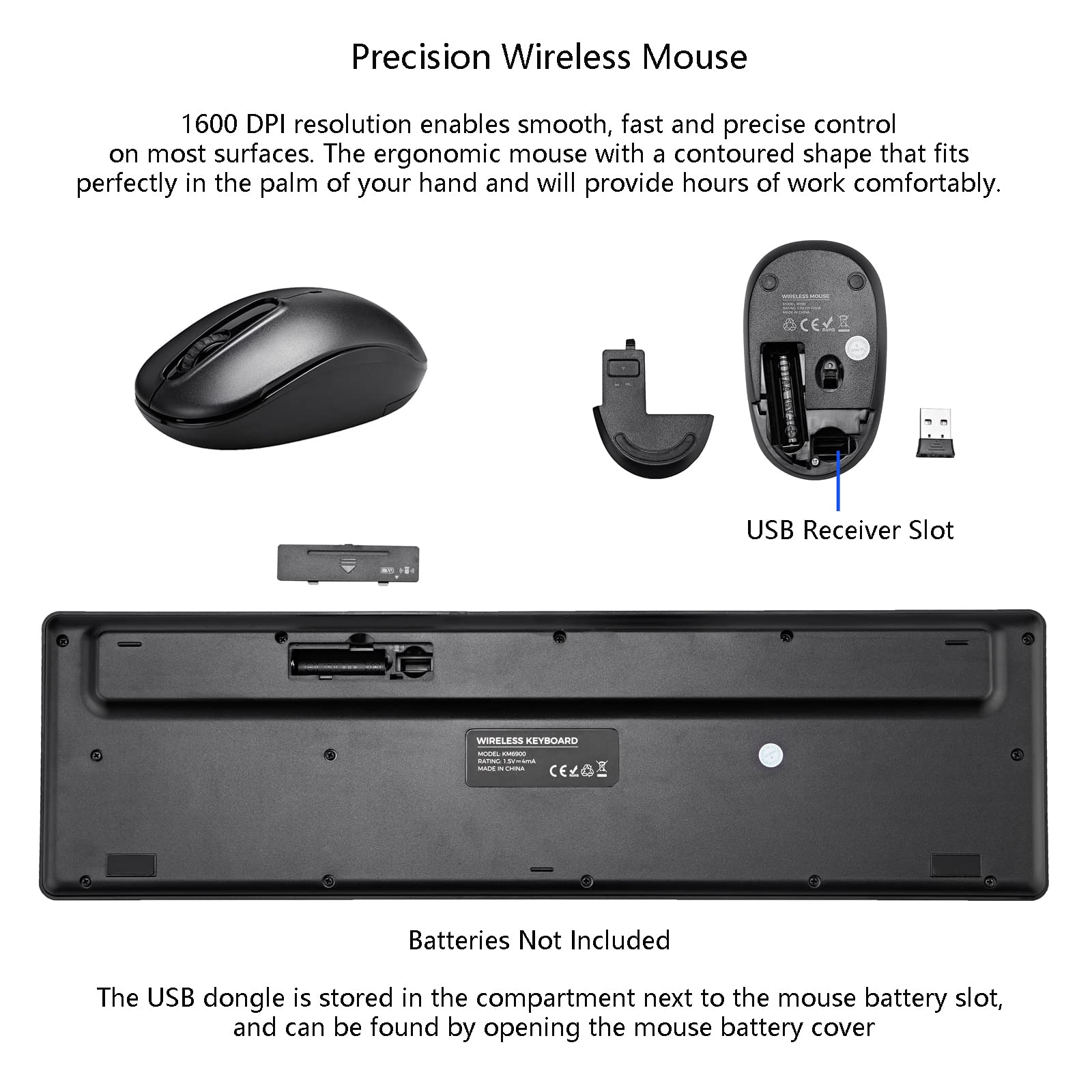 Wireless Keyboard and Mouse Combo, 2.4G Silent Cordless Keyboard Mouse Combo for Windows Chrome Laptop Computer PC Desktop, 106 Keys Full Size with Number Pad, 1600 DPI Optical Mouse (Black)