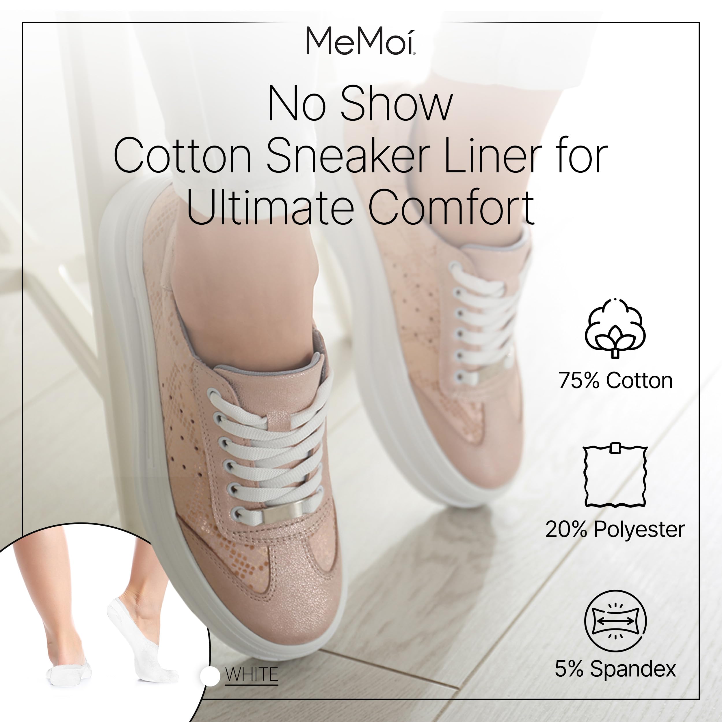 MeMoi Womens No Show Socks 7-Pair Pack - Cotton Blend, High Cut Coverage Sneaker Socks for Women, Womens Non Slip Heel Grip, White, One Size