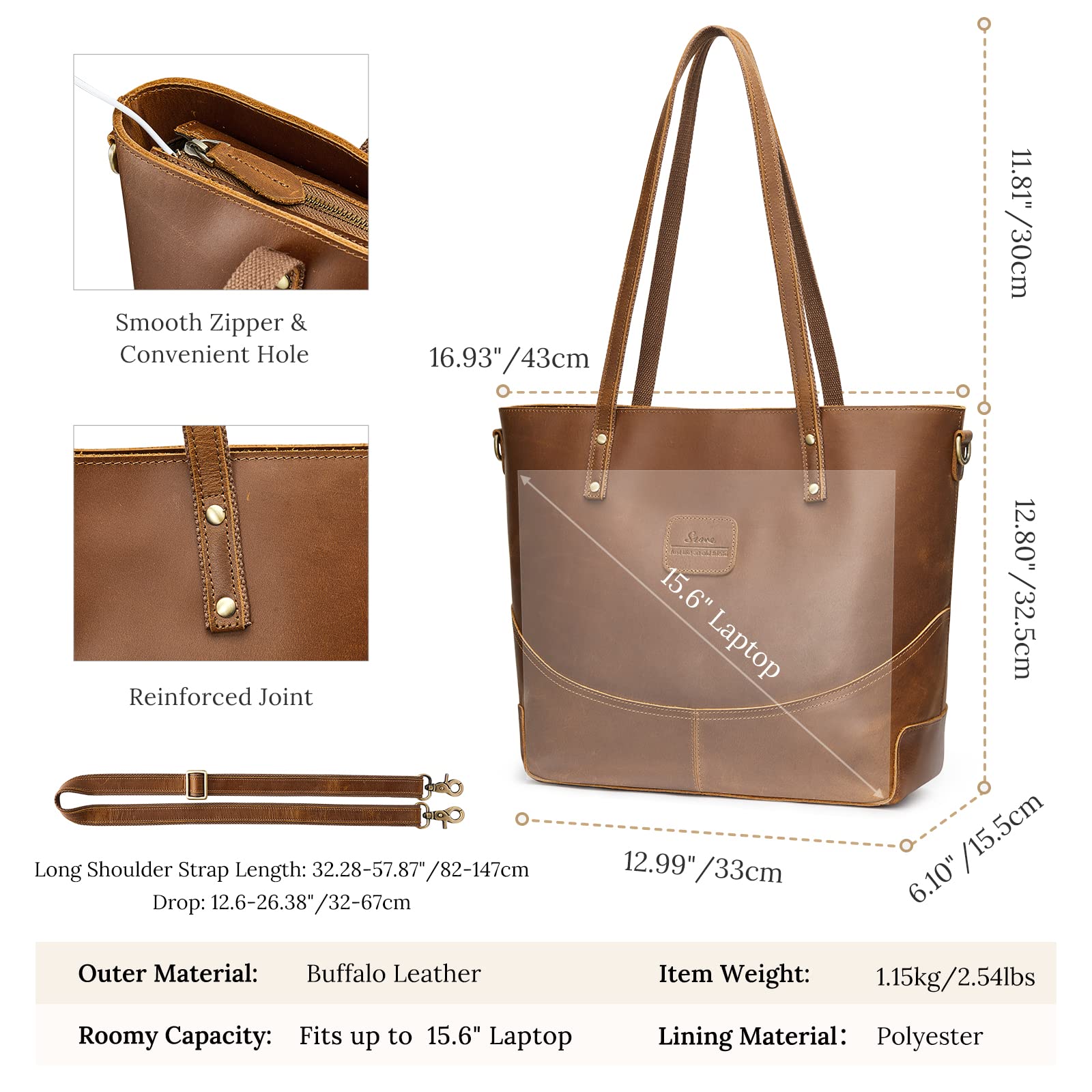 S-ZONE Genuine Leather Tote Bag for Women Large Crossbody Shoulder Work Purses and Handbags
