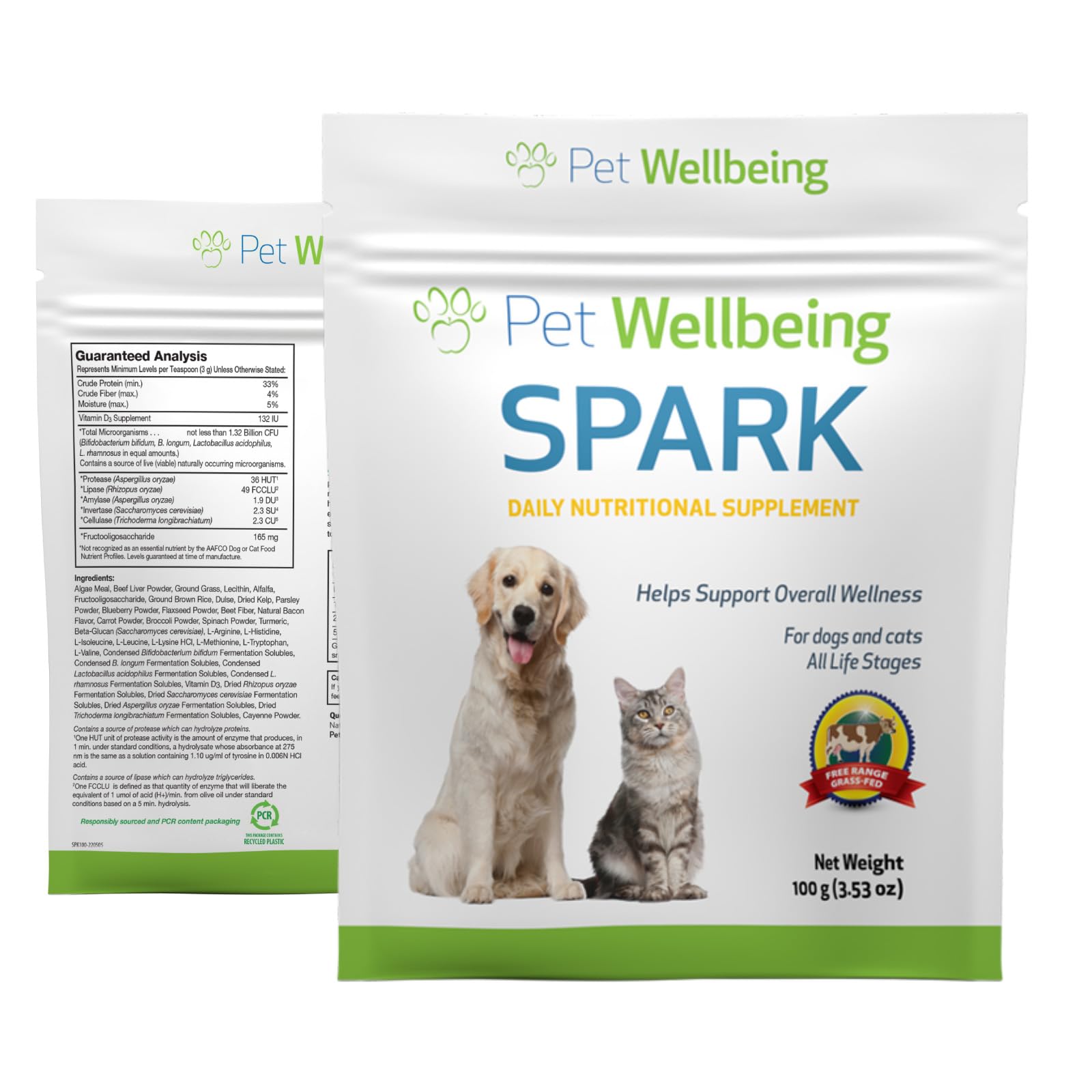 Pet Wellbeing Spark Daily Nutritional Greens Superfood for Dogs & Cats - Probiotics, Digestive Enzymes, Amino Acids, Antioxidants, Vitamin D, Spirulina & More - Vet-Formulated - 3.53 oz (100 g) Powder