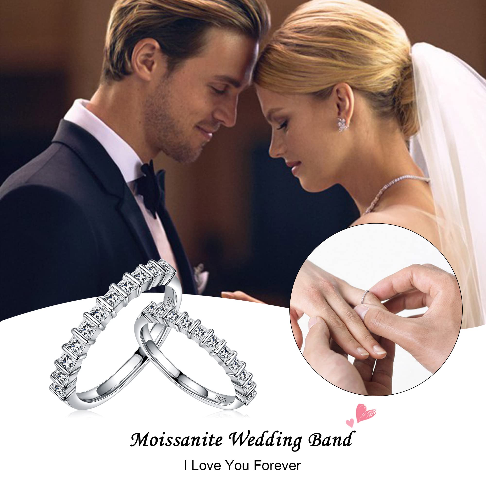 SMILEST Princess Moissanite Stackable Rings for Women, 2MM D Color VVS1 Clarity Lab Created Diamond Wedding Rings 18K White Gold Plated 925 Sterling Silver Moissanite Stackable Rings for Women Gifts