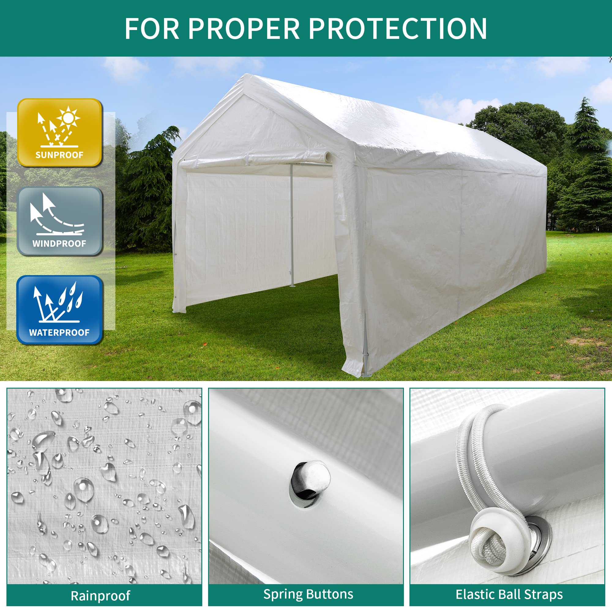 YITAHOME 10 x 20 FT Carport Heavy Duty Galvanized Frame Car Shelter Car Canopy with Removable Sidewalls, Portable Garage Tent Boat Shelter, White