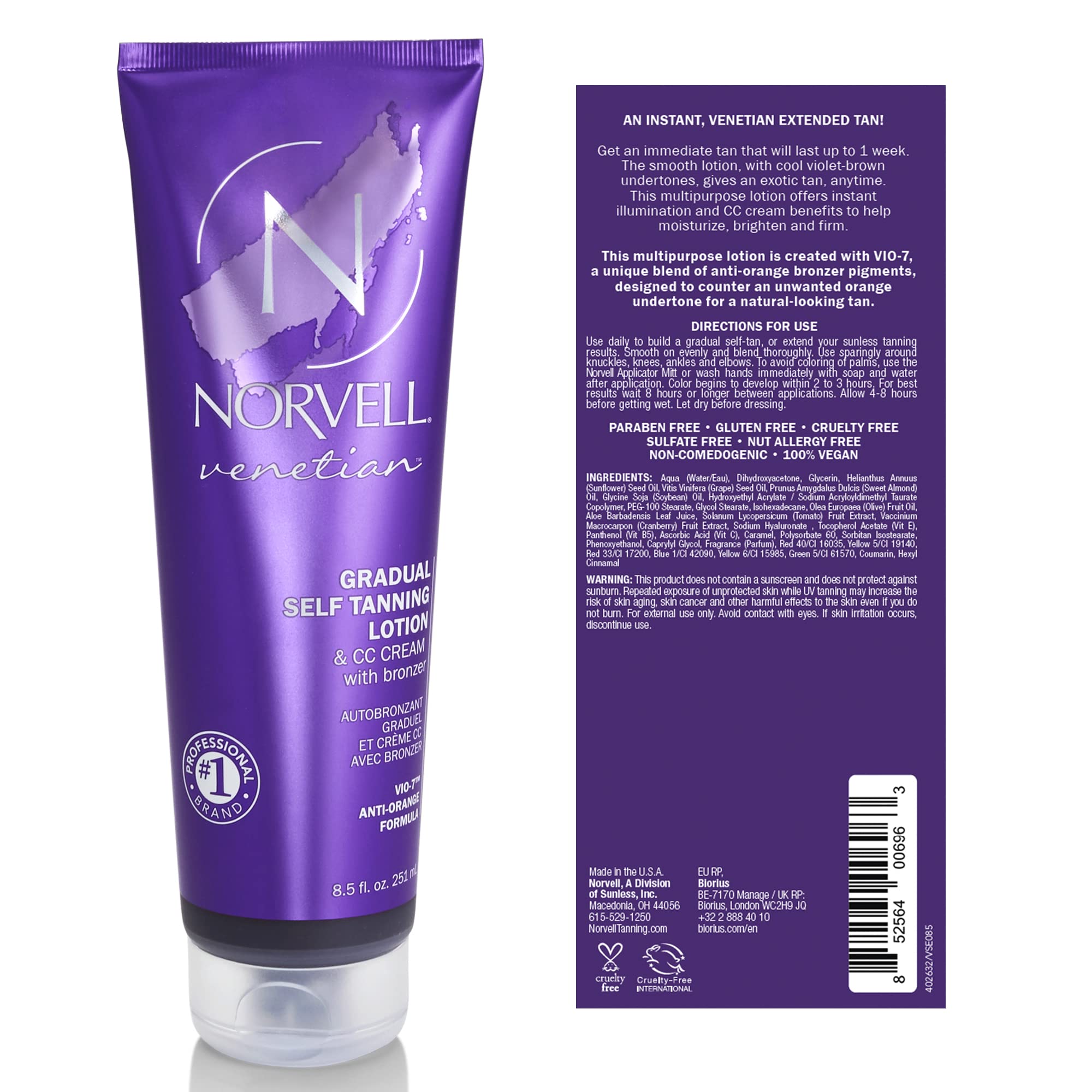 Norvell Venetian Sunless Self Tanner Gradual Color Extender Moisturizing Lotion, 8.5 fl.oz - Self Tanning Cream with Violet and Brown Tone, Instant Bronzers Fake Tan
