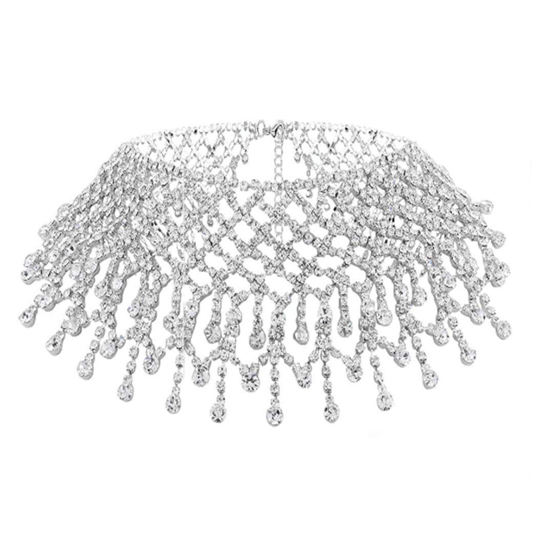 Nicute Festival Rhinestone Choker Full Crystal Necklaces Chain Summer Club Necklace Jewelry for Women (Silver)