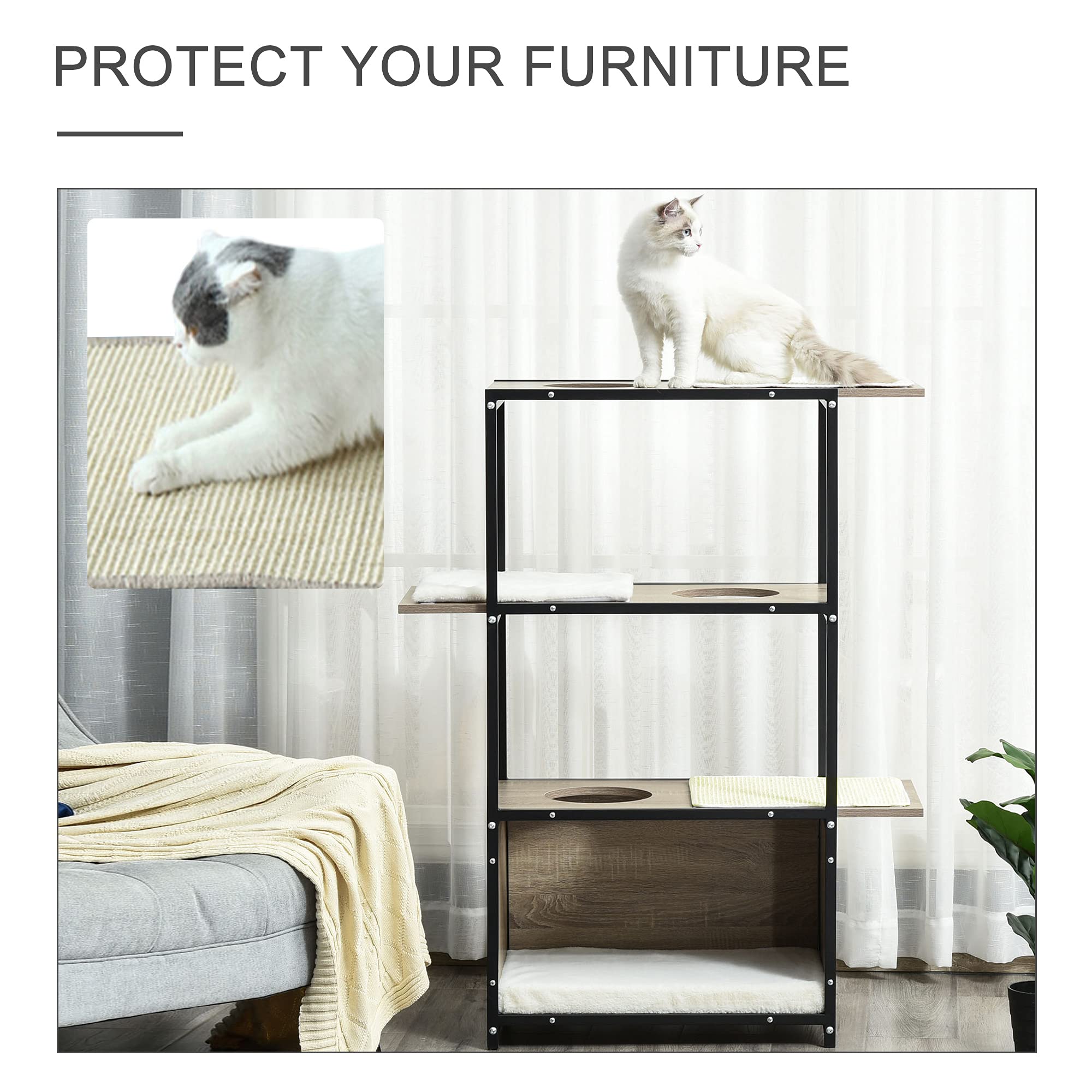 PawHut 48" H Cat House Cat Activity Tower Shelf Furniture with 3 Climbing Platforms, 1 Condo, Scratch Pad and Removable Cushions, Grey/Black