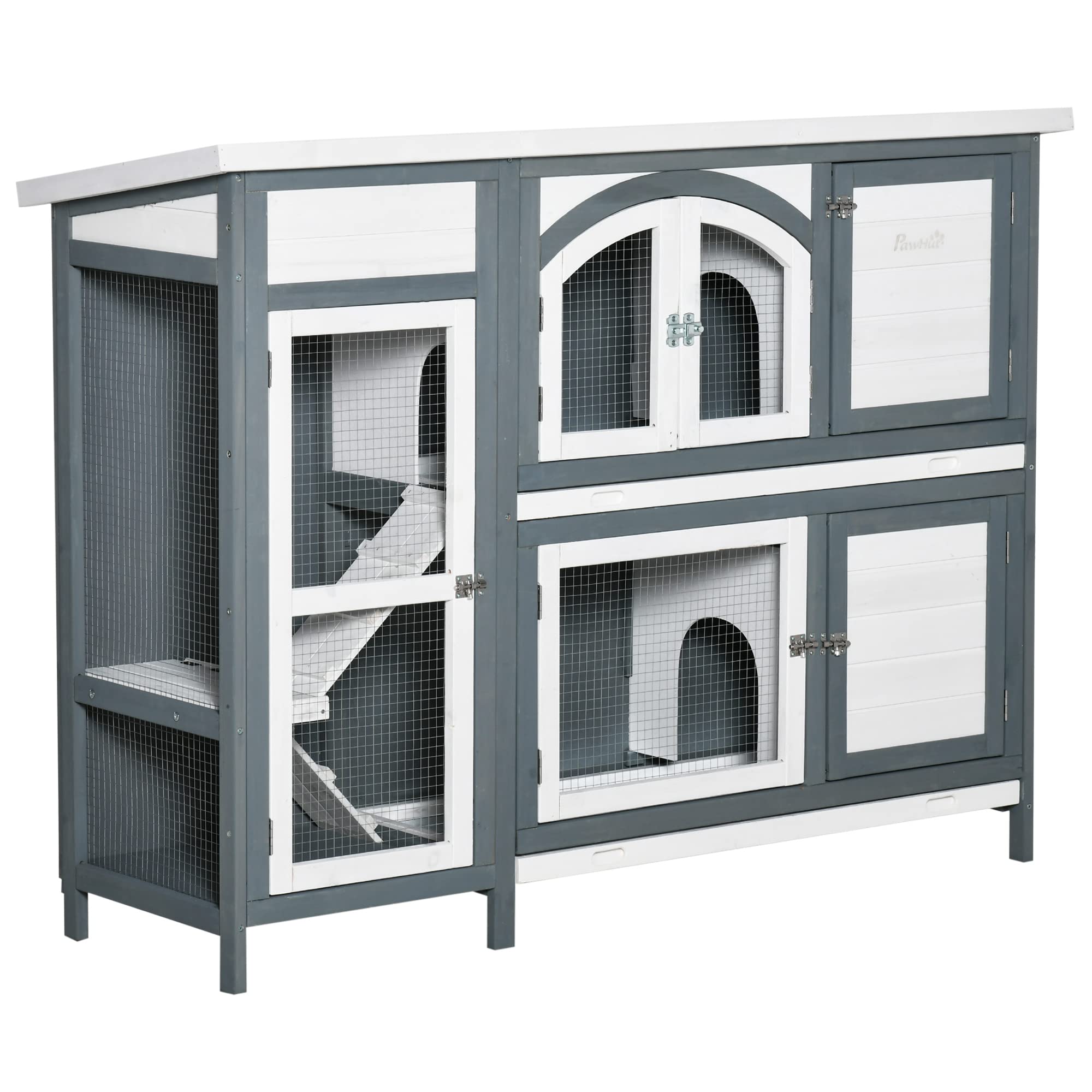 PawHut 57" Cute Rabbit Hutch with Triple Stories, Large Rabbit Cage with Decorative Look, Wood Outdoor or Indoor Rabbit Hutch