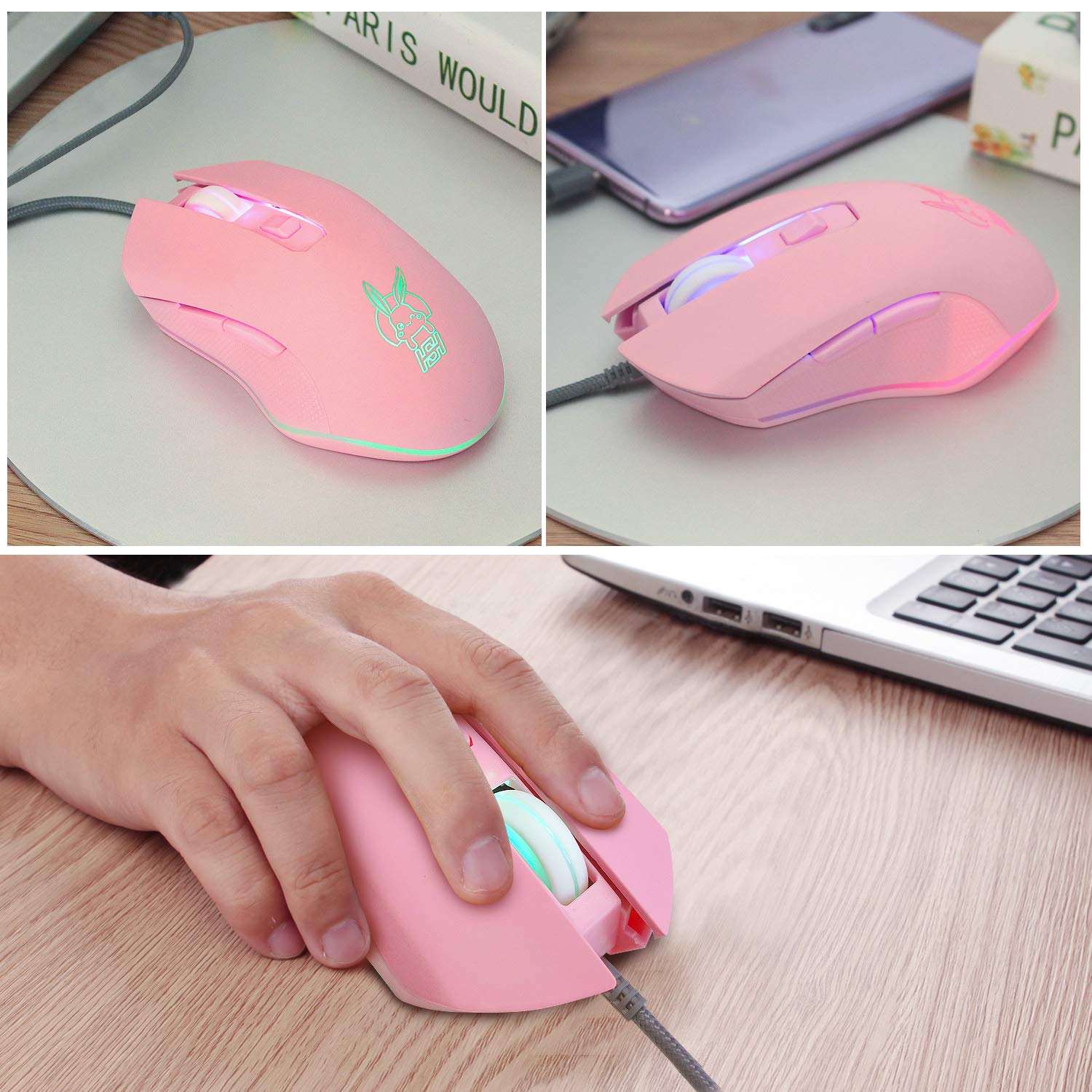 Pink Mouse Silent Click, 7 Colors Backlit Optical Game Mice Ergonomic Wired with 2400 DPI and 6 Buttons 4 Shooting for PC Computer Laptop Desktop (USB)