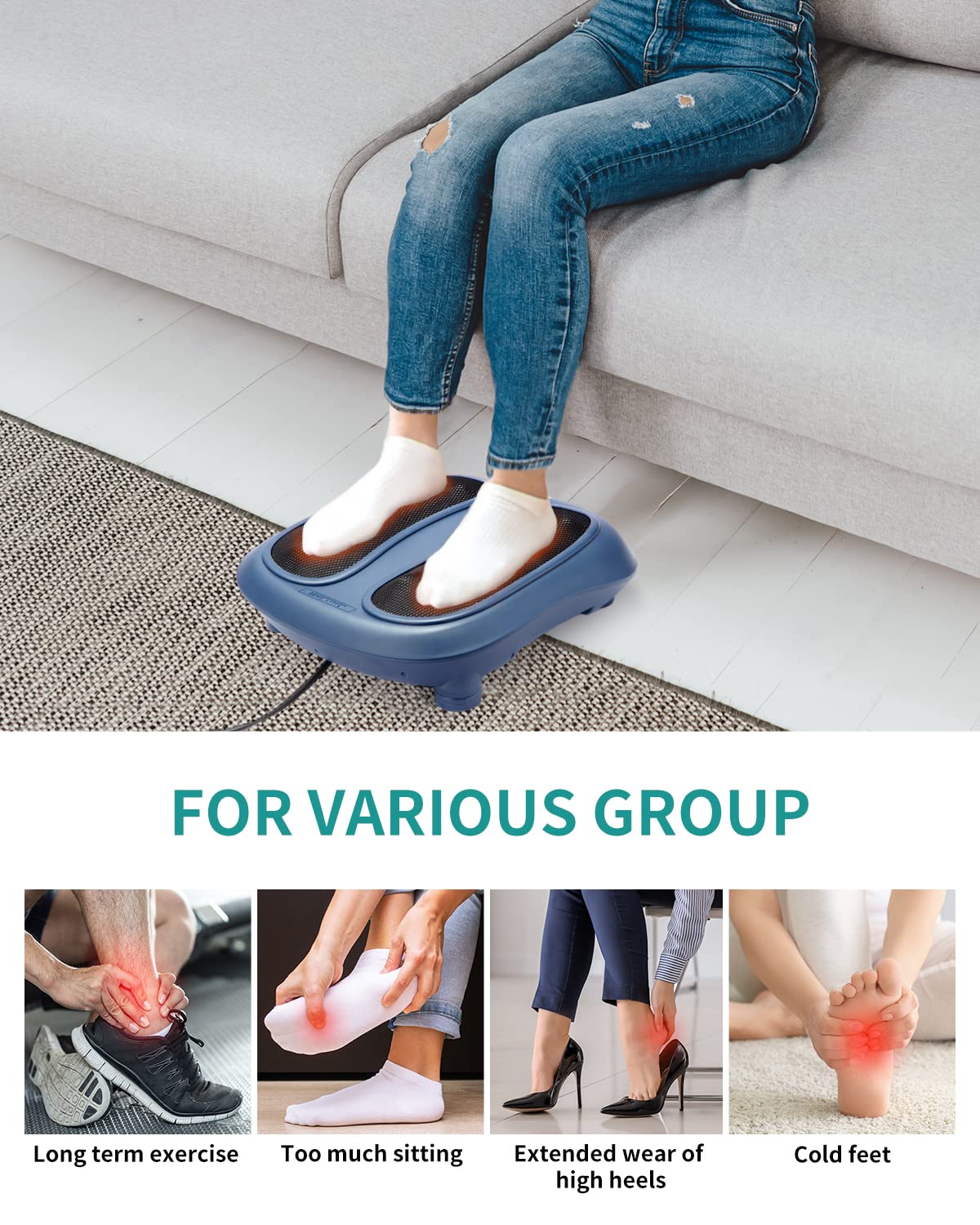Nekteck Foot Massager with Heat, Shiatsu Heated Electric Kneading Foot Massager Machine for Plantar Fasciitis, Built-in Infrared Heat Function and Power Cord(Blue)