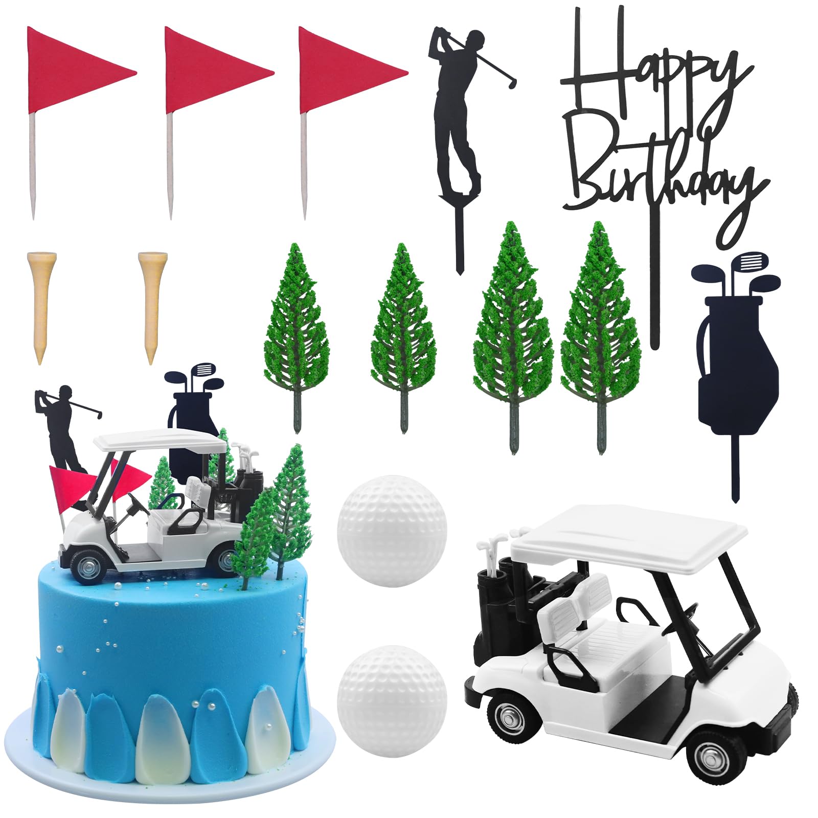MEMOVAN Golf Cake Decorations Golf Birthday Cake Toppers Mini Golf Cart Toy Golf Theme Cake Decorations with Cart Flag Golf Ball Green Tree for Golf Theme Party Supplies