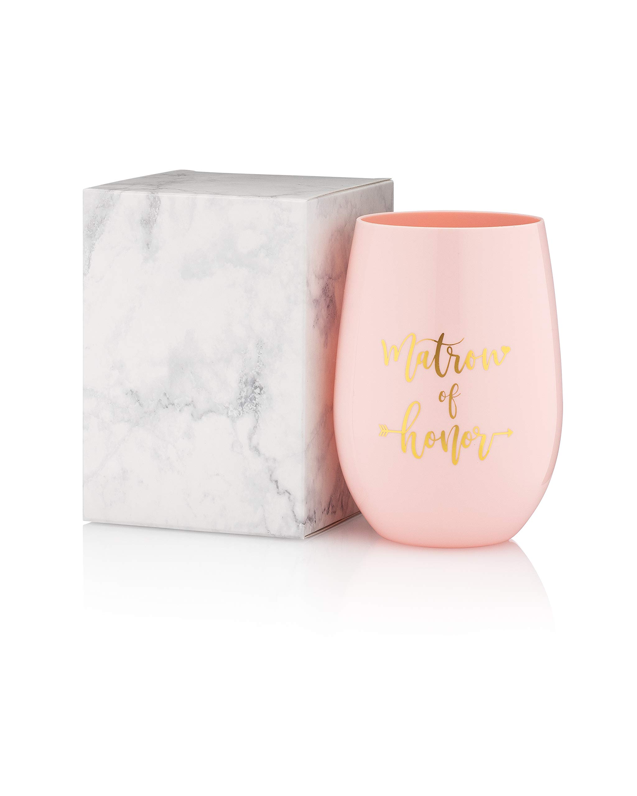Pink Matron of Honor Proposal Wine Glass - 100% Unbreakable Tritan Plastic with Gold Foil Accents - 16 ounces