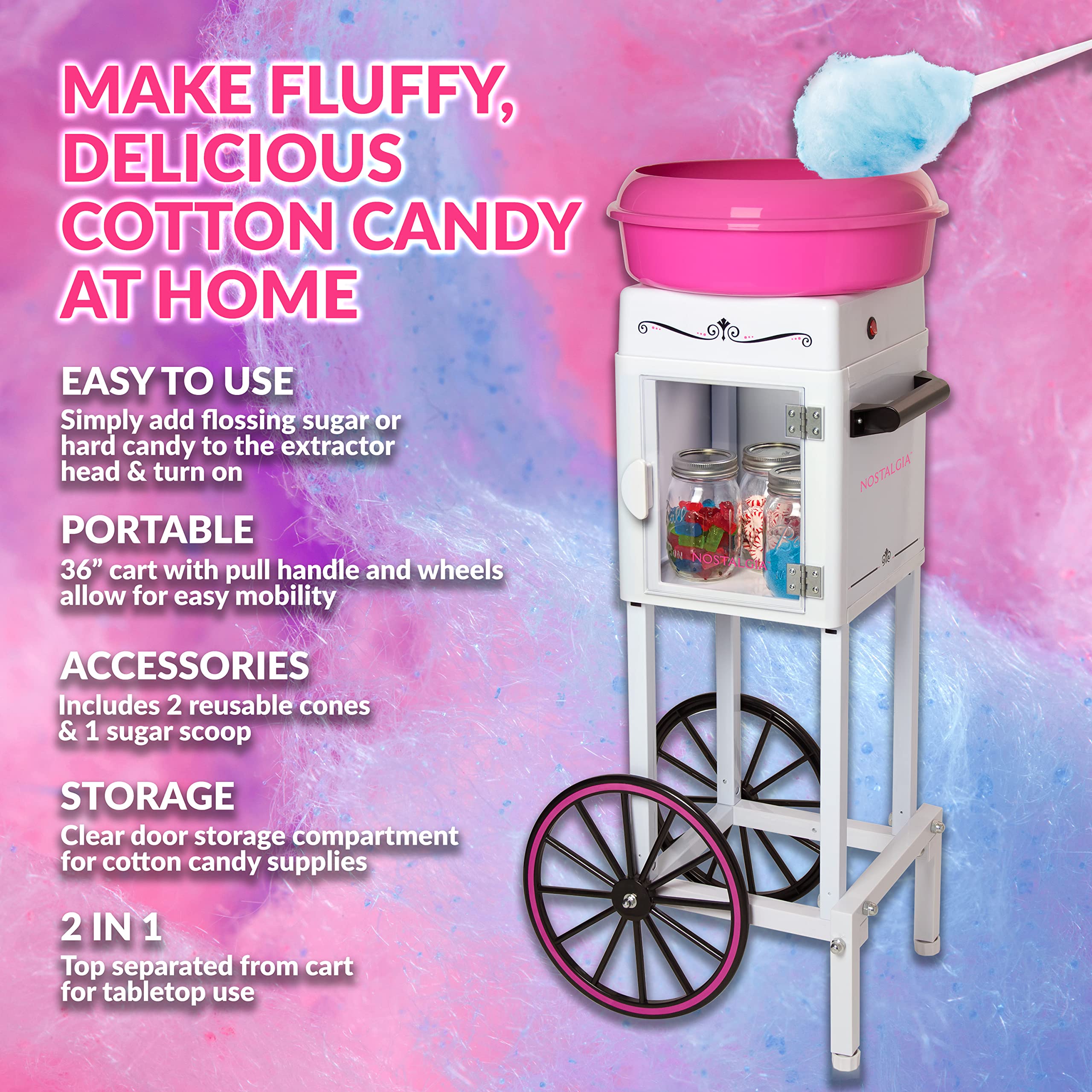 Nostalgia NCCCRT2PKWH Professional Cotton Candy Cart, 36β, White