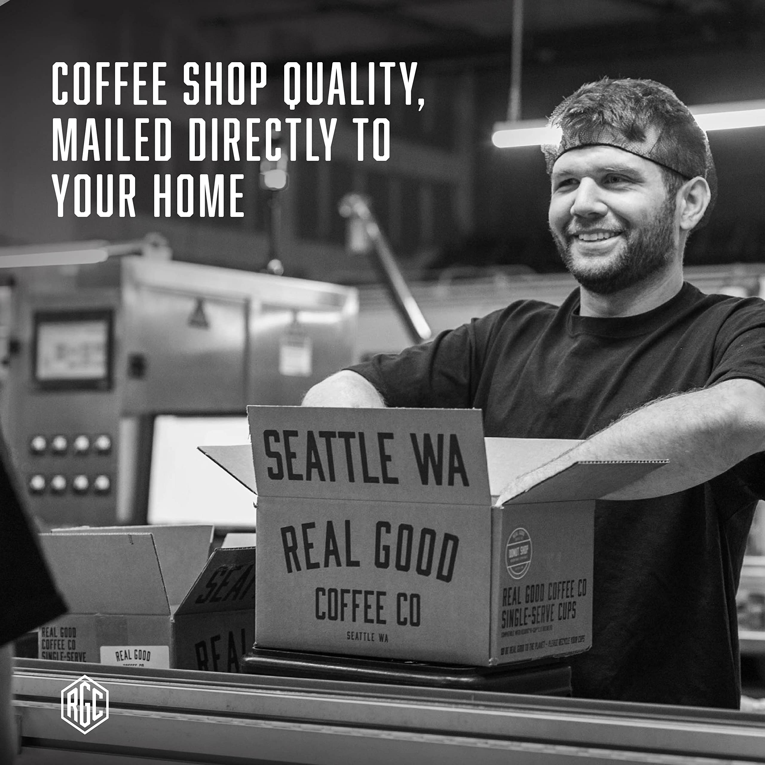 Real Good Coffee Company - Whole Bean Coffee - Half Caff Medium Roast Coffee Beans - 2 Pound Bag - 100% Whole Arabica Beans - Grind at Home, Brew How You Like