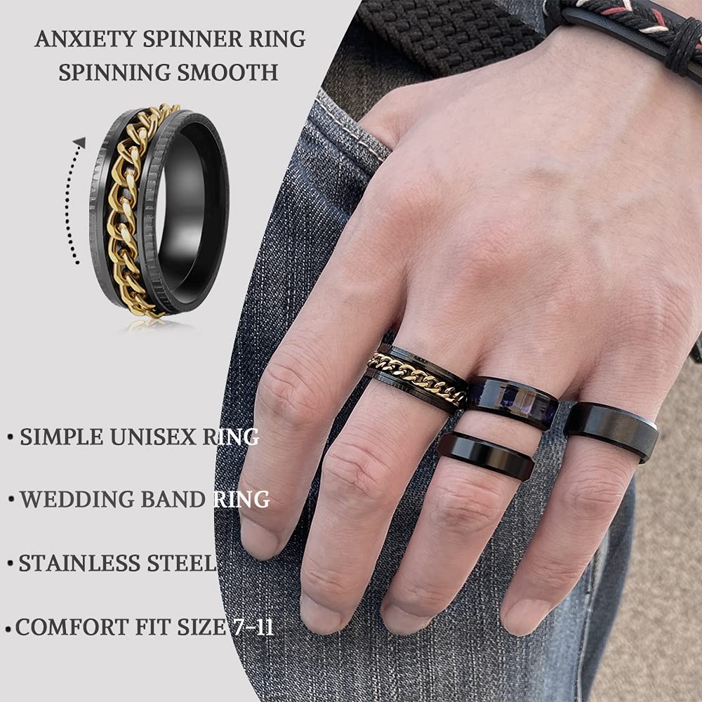 Simple Stainless Steel Band Rings for Women Men Size 7, Cool Silver Men's Ring Pack, Plain Black Wedding Pormise Band Ring Set Size 7