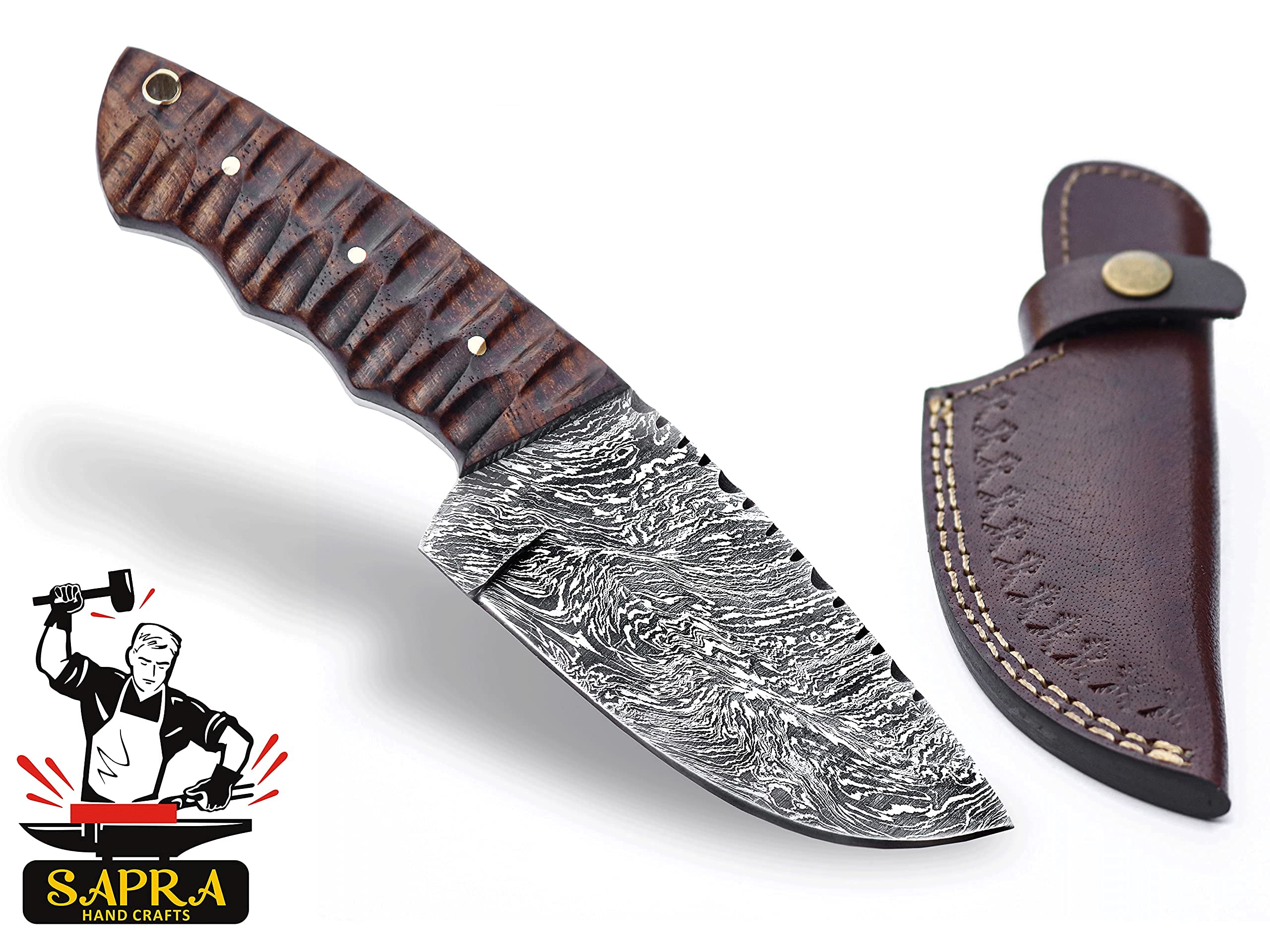 Sapra Custom Made Forged Damascus Steel Hunting Knife Fixed Blade EDC Survival Tactical Camping Skinner/Skinning Knife with Leather Sheath P-1943-RW