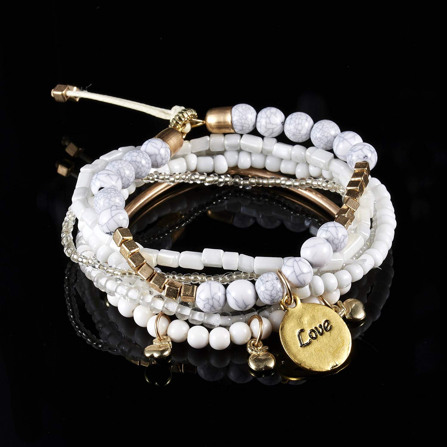 SOSUO Boho Stackable Bracelets for Women, 7pcs/Set Bead Charm Bohemian Stretch Bracelet for Girls Fashion Jewelry Gift White