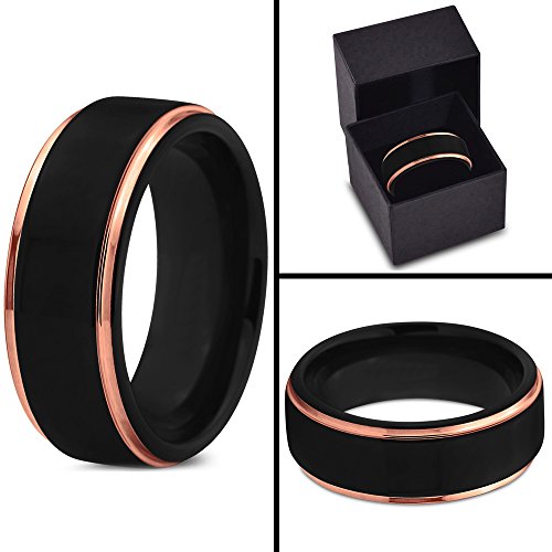 Midnight Rose Collection Tungsten Wedding Band Ring 8mm for Men Women 18k Rose Gold Plated Step Edge Black Brushed Polished Size 9