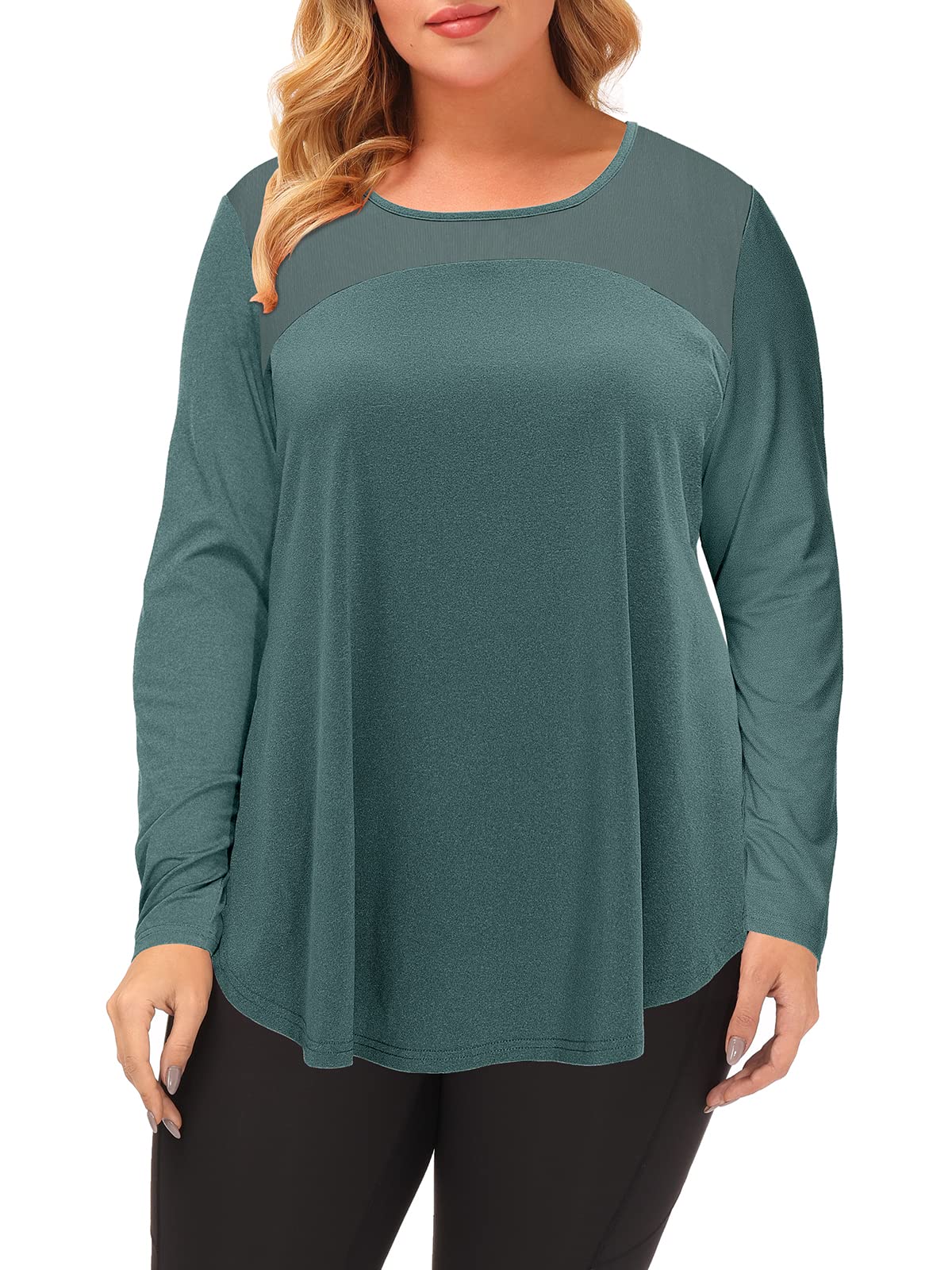 Uoohal Women's Plus Size Long Sleeve Workout Shirts Mesh Quick Dry Side Split Athetic Yoga Gym Tops Blackish Green 4X