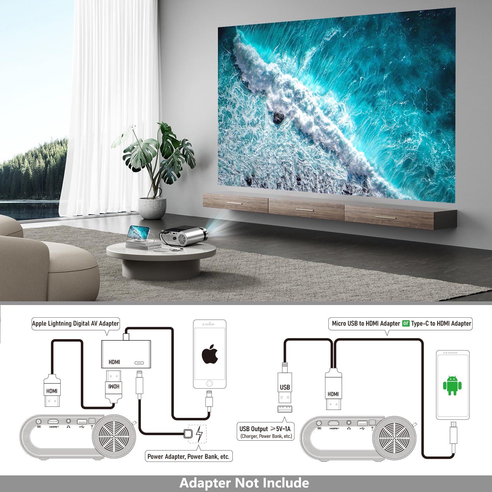 Portable Projector, Movie Projector Support 1080P 200" Display, Compatible with Fire TV Stick/PS4, Projector for Outdoor Movie for Phone with HDMI, VGA, SD/TF, AV, USB