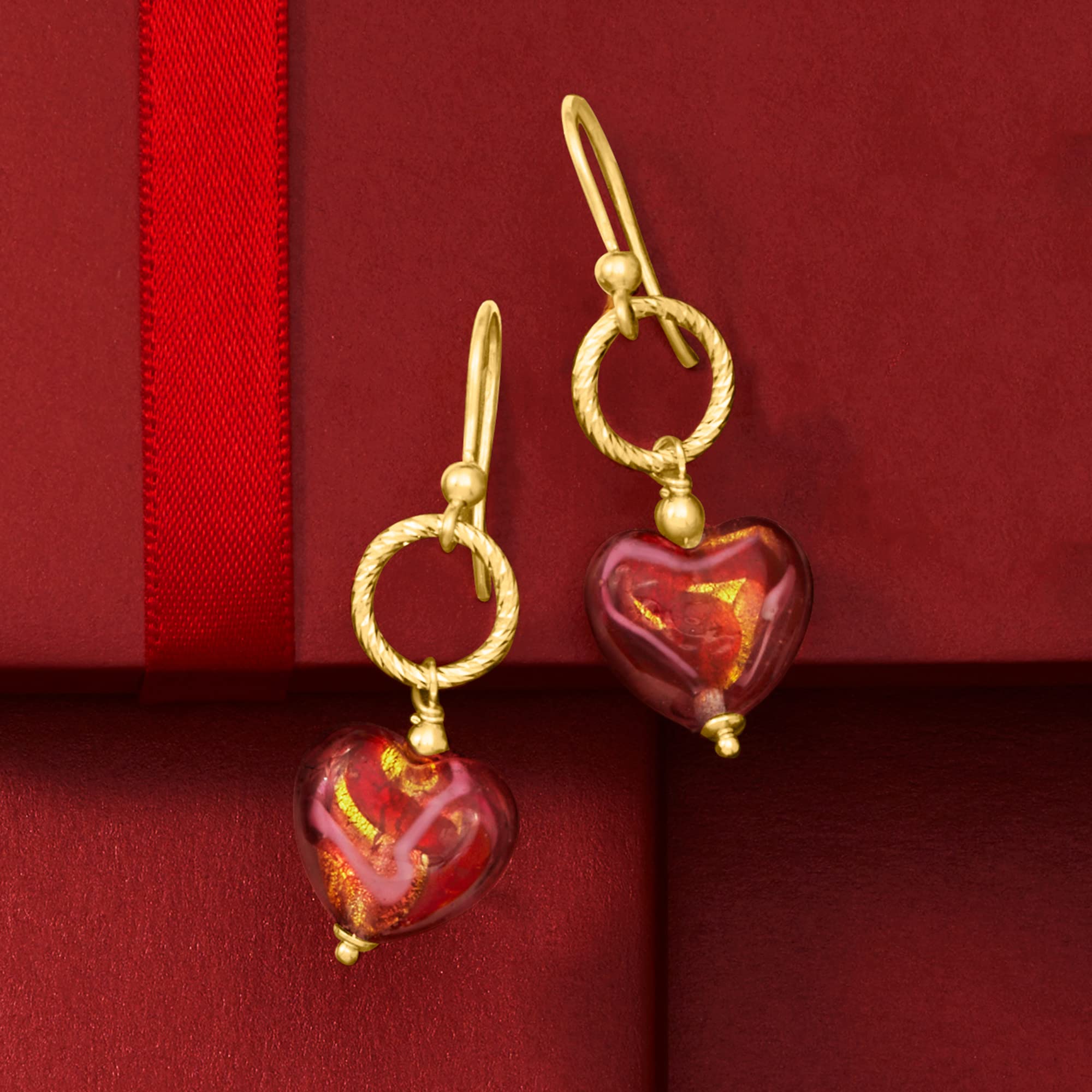 Ross-Simons Italian Red and Pink Murano Glass Heart Drop Earrings in 18kt Gold Over Sterling