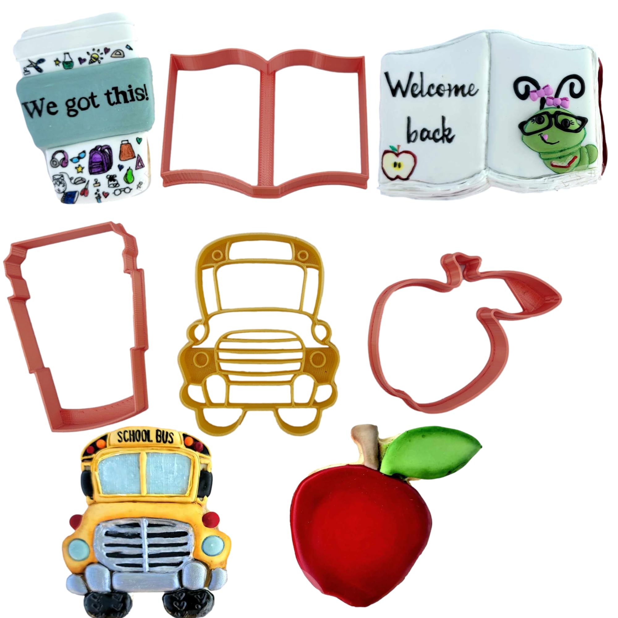 TEACHER COOKIE CUTTERS Education Themed Apple Coffee Latte Mocha Open Textbook Book And School Bus Cookie Cutters For First Day Of School Hundredth Day Teacher Aide Appreciation (4 Pack)