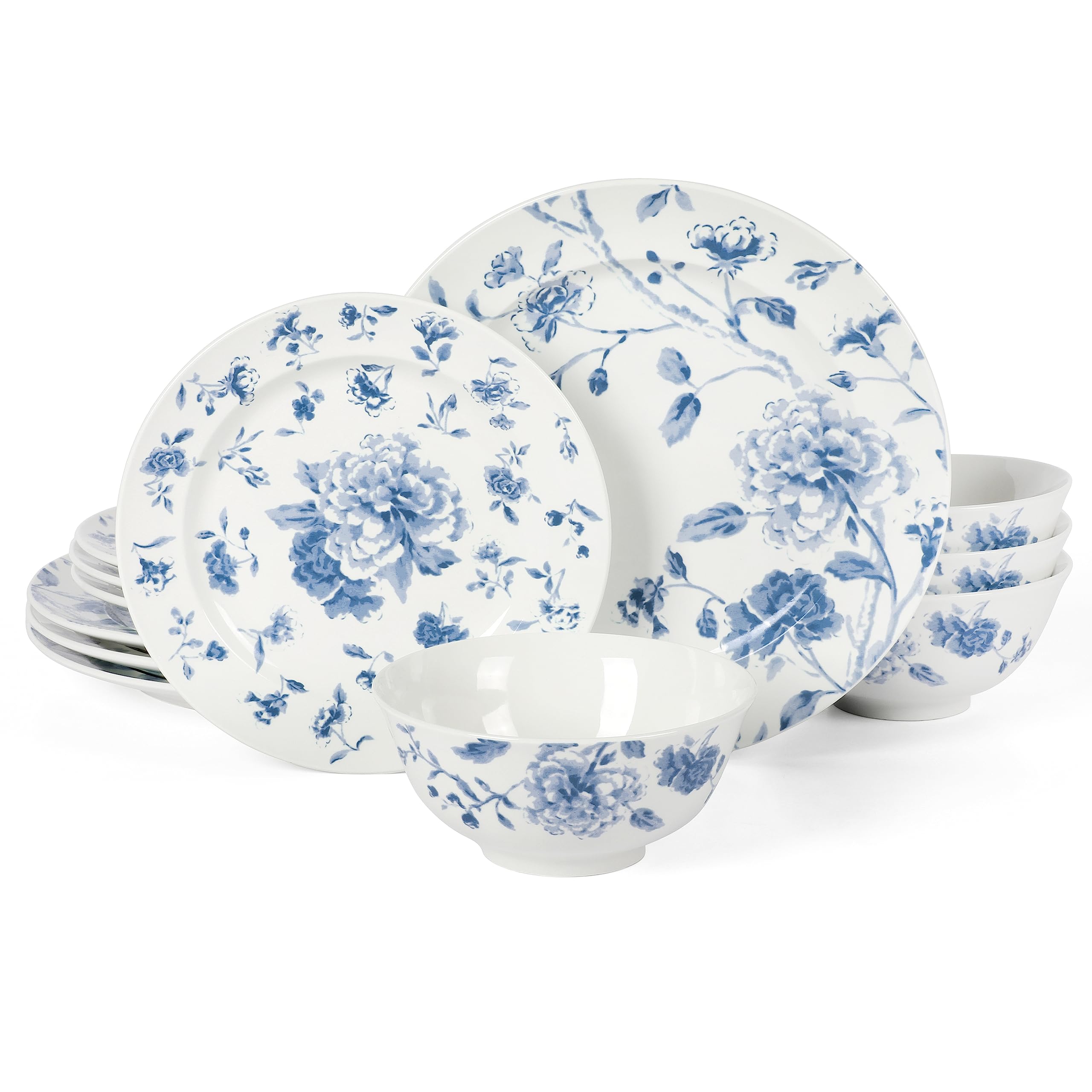 Martha Stewart Empress Bouquet Decorated Porcelain Dinnerware Plates and Bowls Set - Blue Floral, Service for 4 (12pcs)