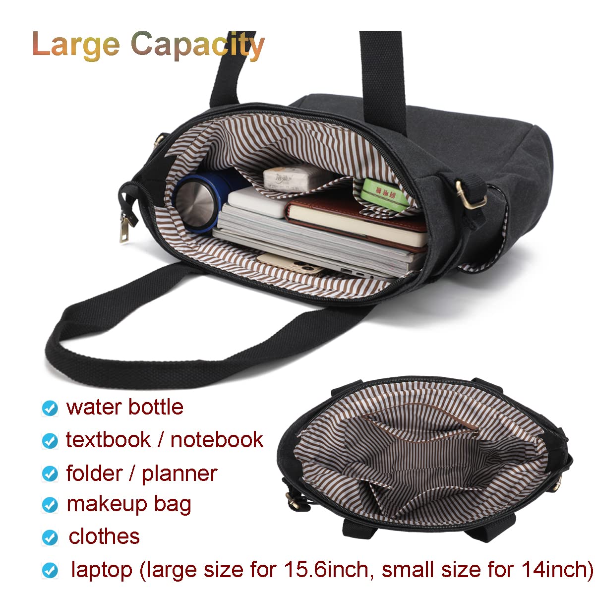 Womens Work Tote Bag with Pockets Top Handle Lightweight Shoulder Handbag Satchel, Medium Size, Black