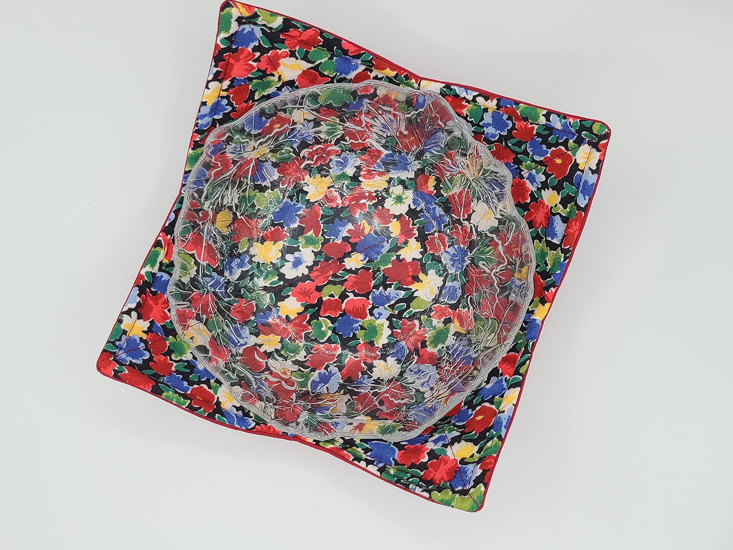 Red White Blue Roses Microwave Cozy Ditzy Floral Reversible Microwaveable Soup Holder Summer Potholder Flower Bowl Buddy Handmade Housewarming Hostess Gifts Under 10
