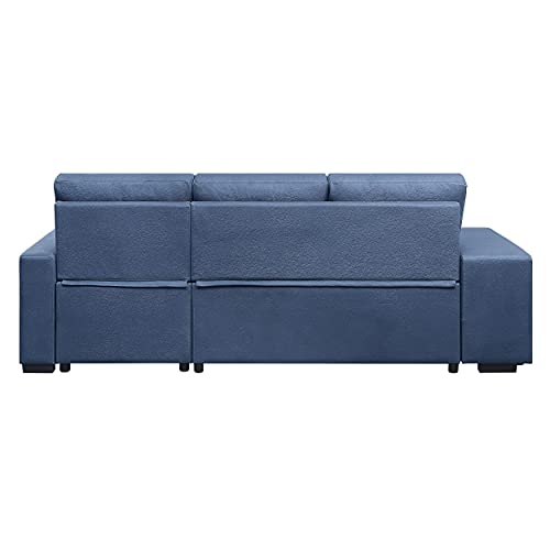 Sectional Sofa with Pull-Out Sleeper, HABITRIO Solid Wood&Blue Fabric Upholstered 97" L-Shaped Sofa Bed&Reversible Storage Chaise Lounge, Side Table Armrest w/ 2 Ottoman, Seating Couch for Living Room