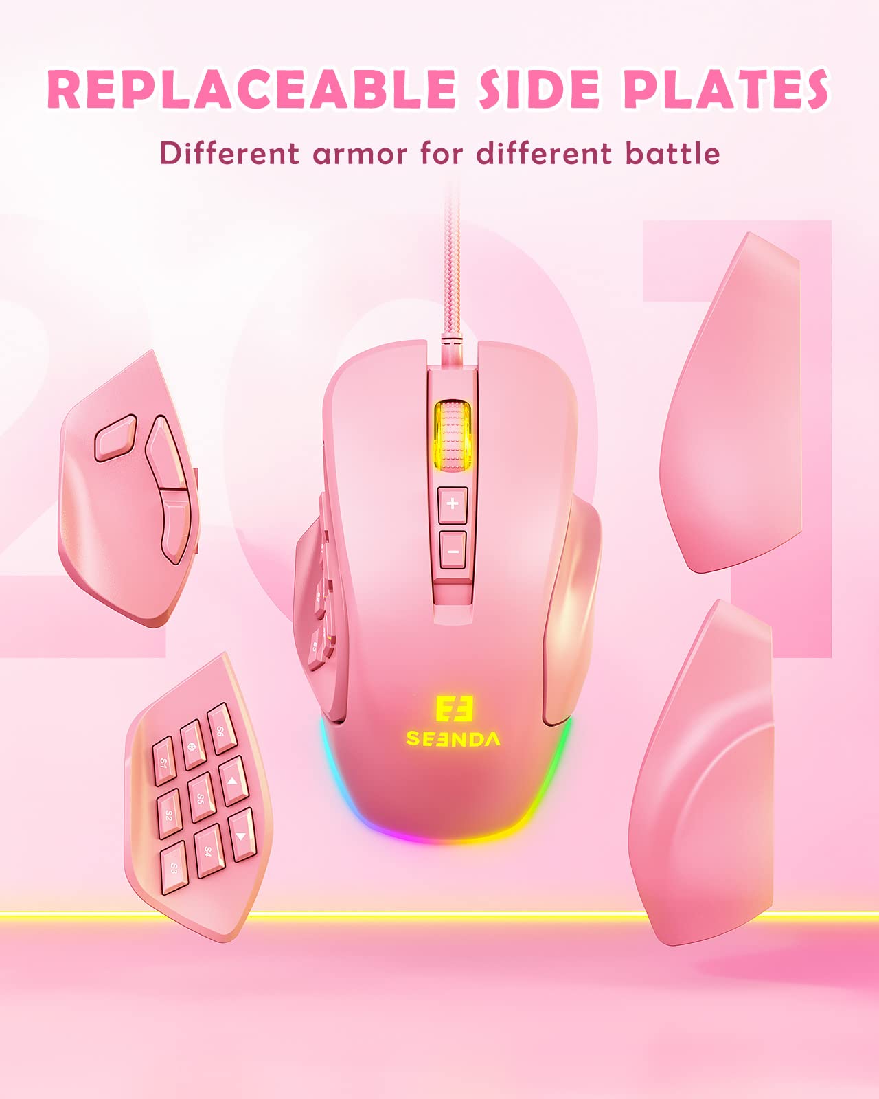 seenda MMO Gaming Mouse Vanguard S with Interchangable Side Plates, 10000 DPI Programmable Macros and Customizable PC Computer Gaming Mice with Side Buttons, Pink