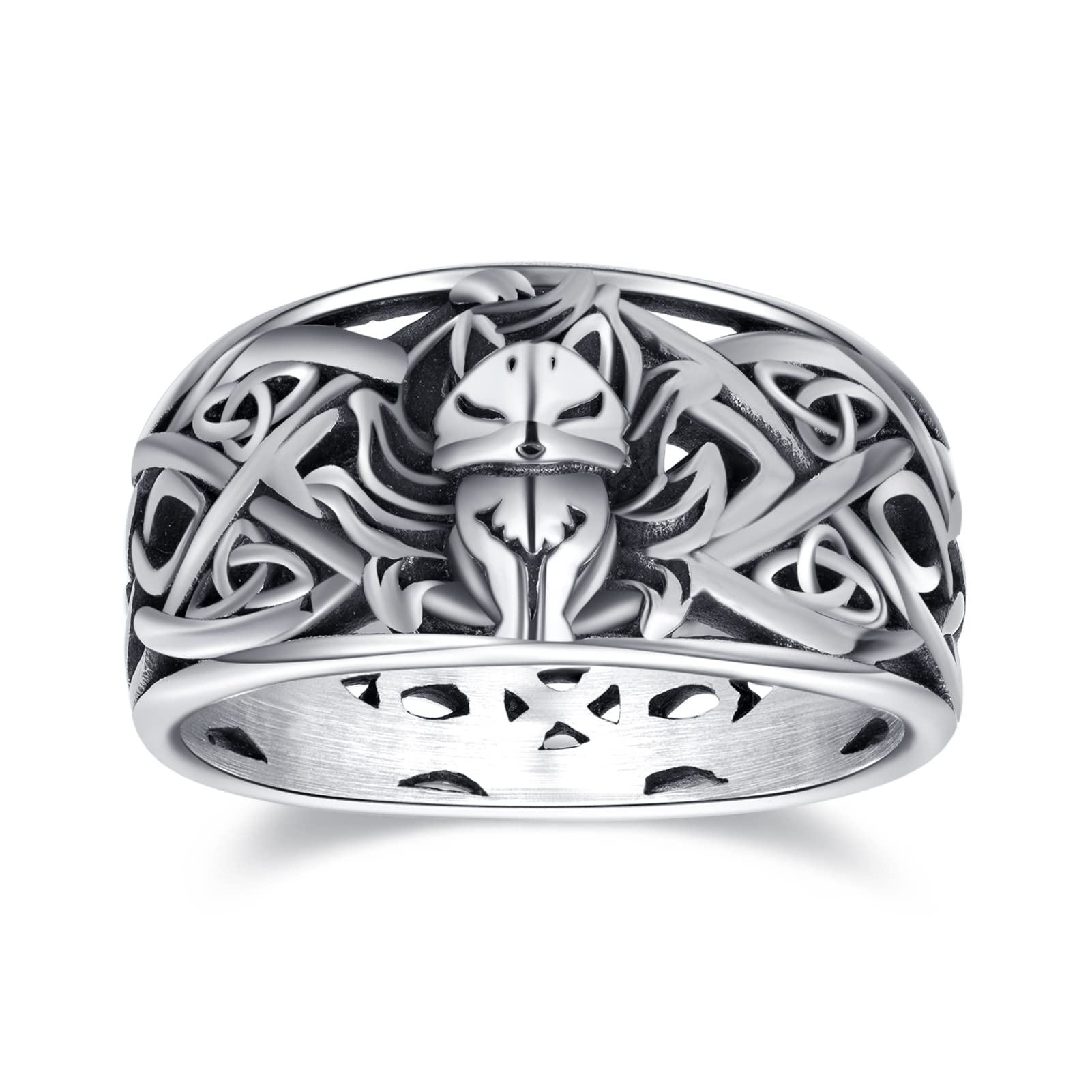 Stainless Steel Fox Ring Celtic Knot Ring Animal Finger Ring Band Personalized Fashion Party Jewelry Gifts (Fox Ring Silver, 12)