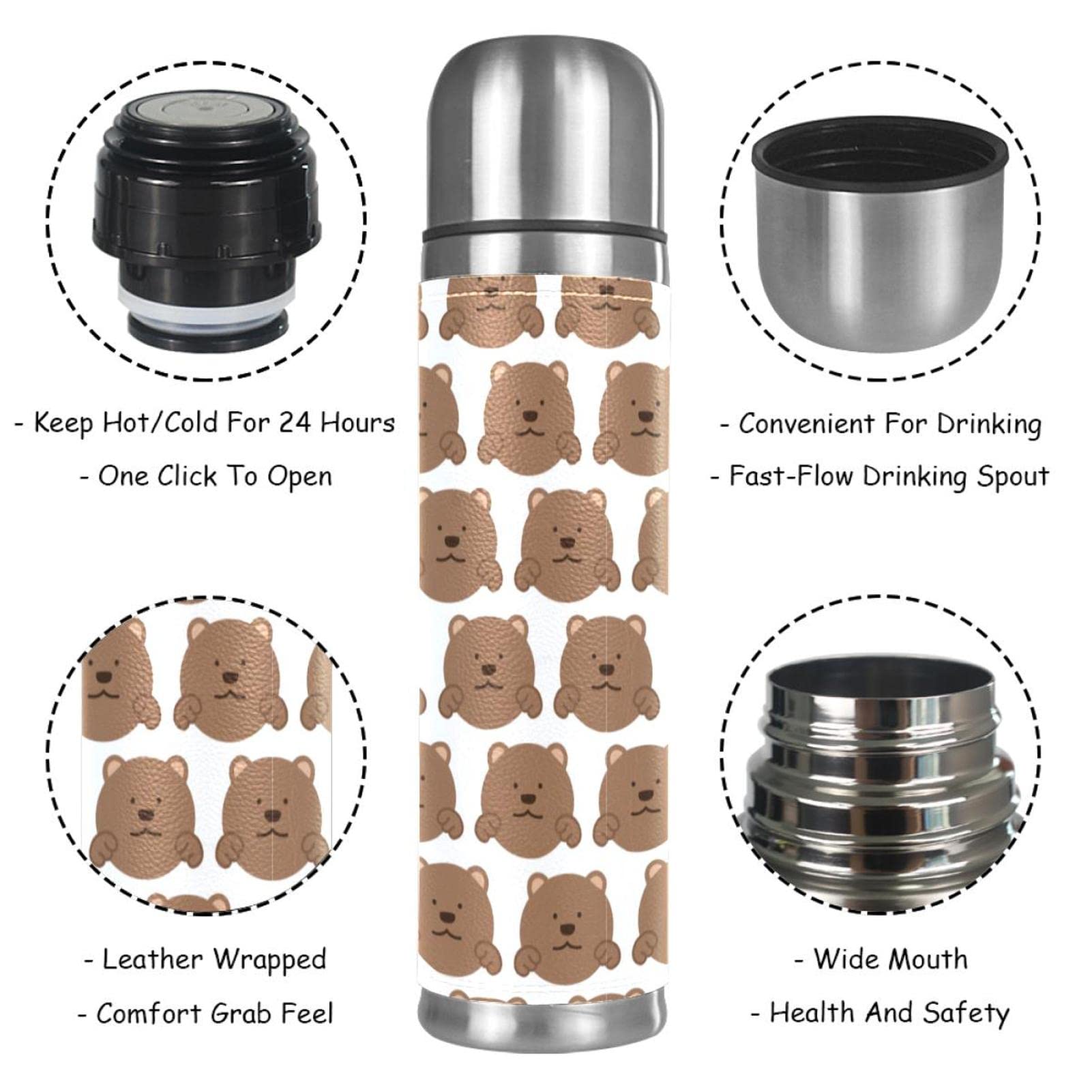 Stainless Steel Leather Vacuum Insulated Mug Bear Thermos Water Bottle for Hot and Cold Drinks Kids Adults 16 Oz