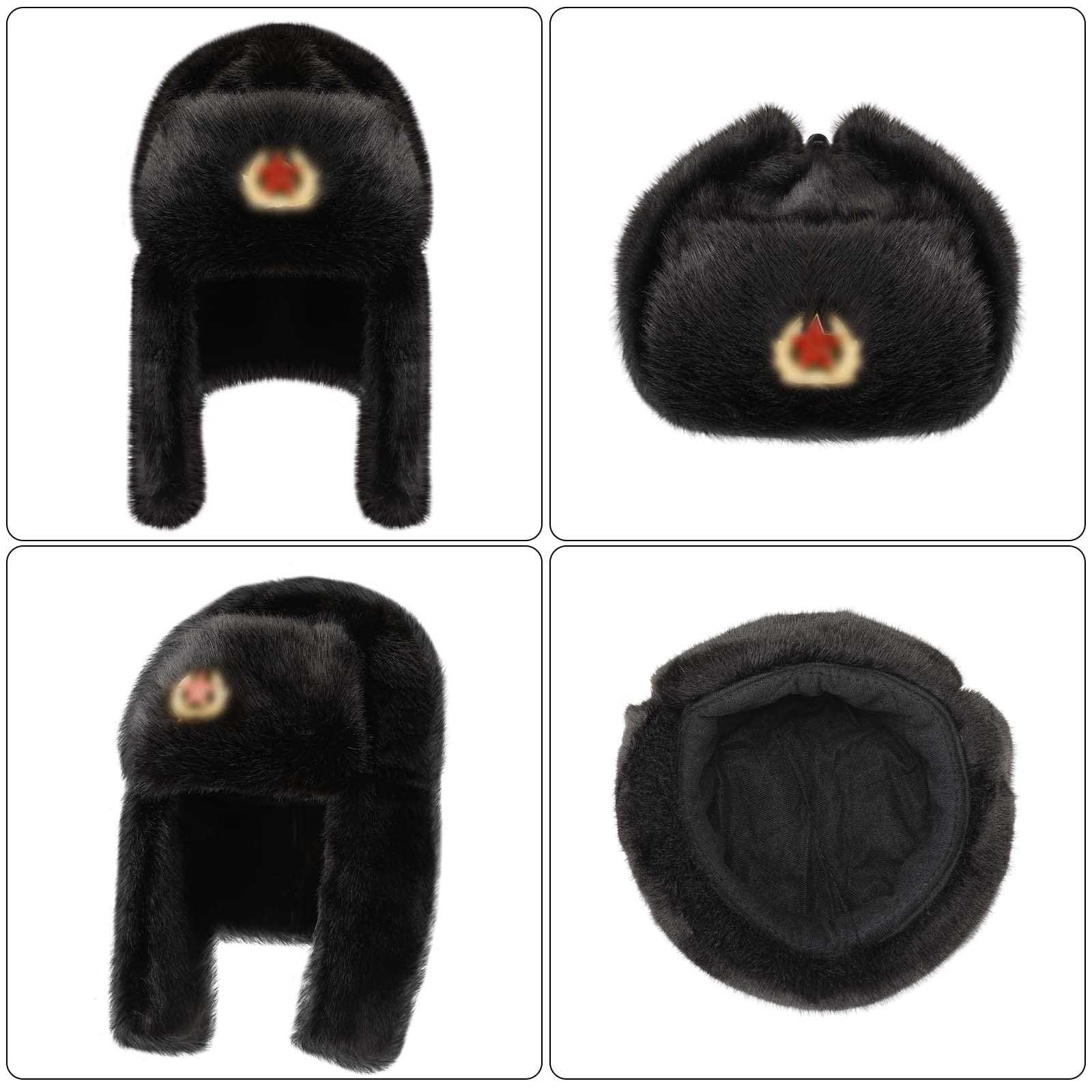 SATINIOR 2 Pieces Russian Hat Ushanka Hat Faux Fur Cap Cossack Trapper Hat Black Beanie Flaps Hat with Badge for Men