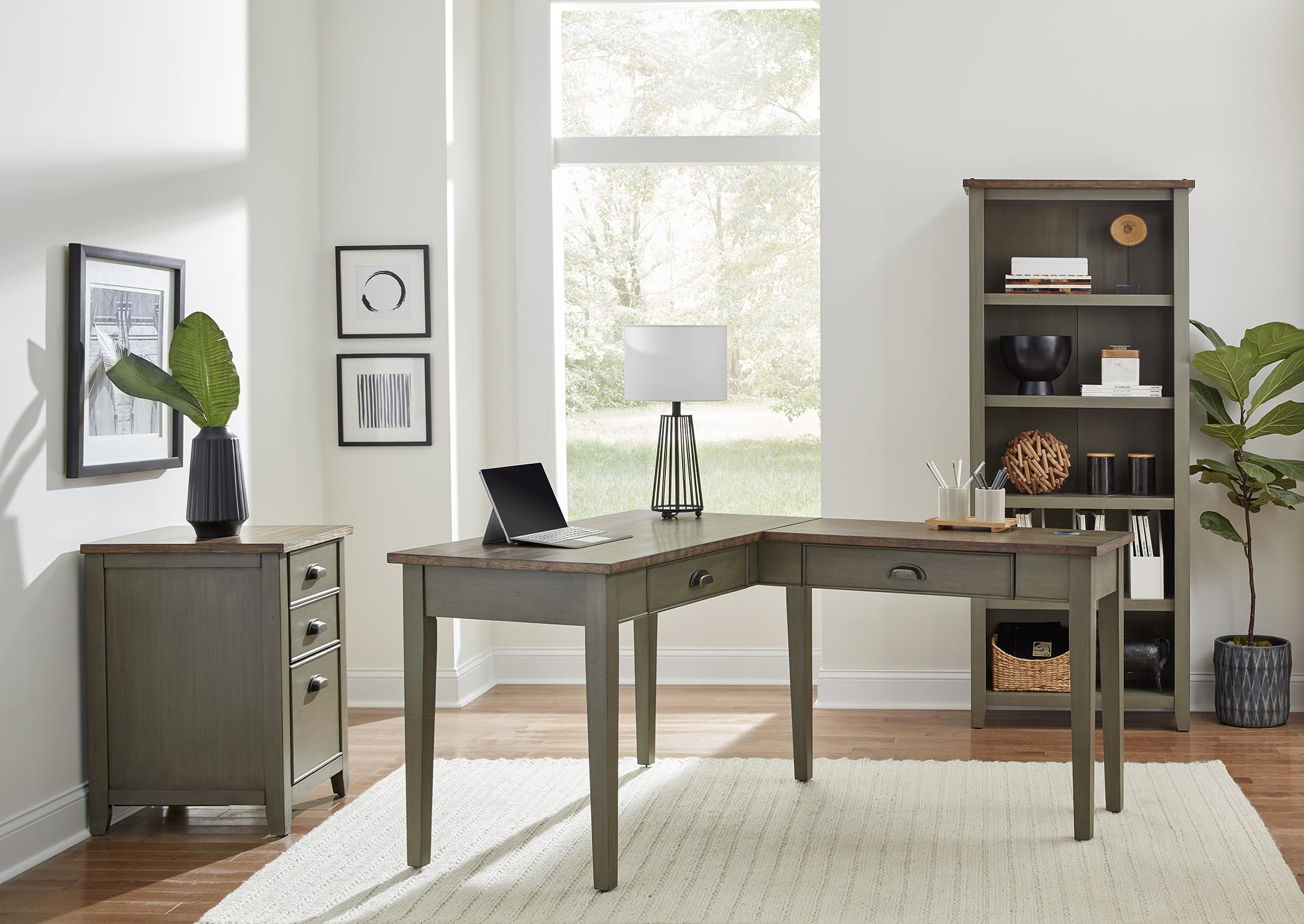 Martin Furniture Sit/Stand Farmhouse Wood Writing, Open L-Shaped Table, Office Desk and Return, Sage Green