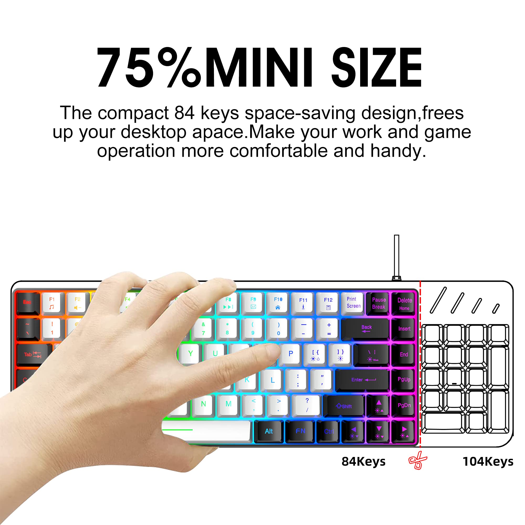 Snpurdiri Wired Gaming Keyboard, Rainbow Backlit Mini Gaming Keyboard, Compact Ergonomic Keyboard for Windows, PC, Laptop, Gaming (84 Keys, Black)