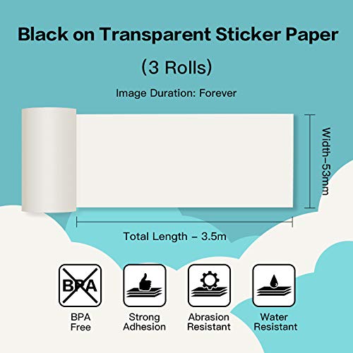 Phomemo Adhesive Transparent Thermal Paper, for Phomemo M02/M02 Pro/M02S/M03/M04S Mini Thermal Printer, 50mm x 3.5m, Diameter 30mm, 3 Rolls