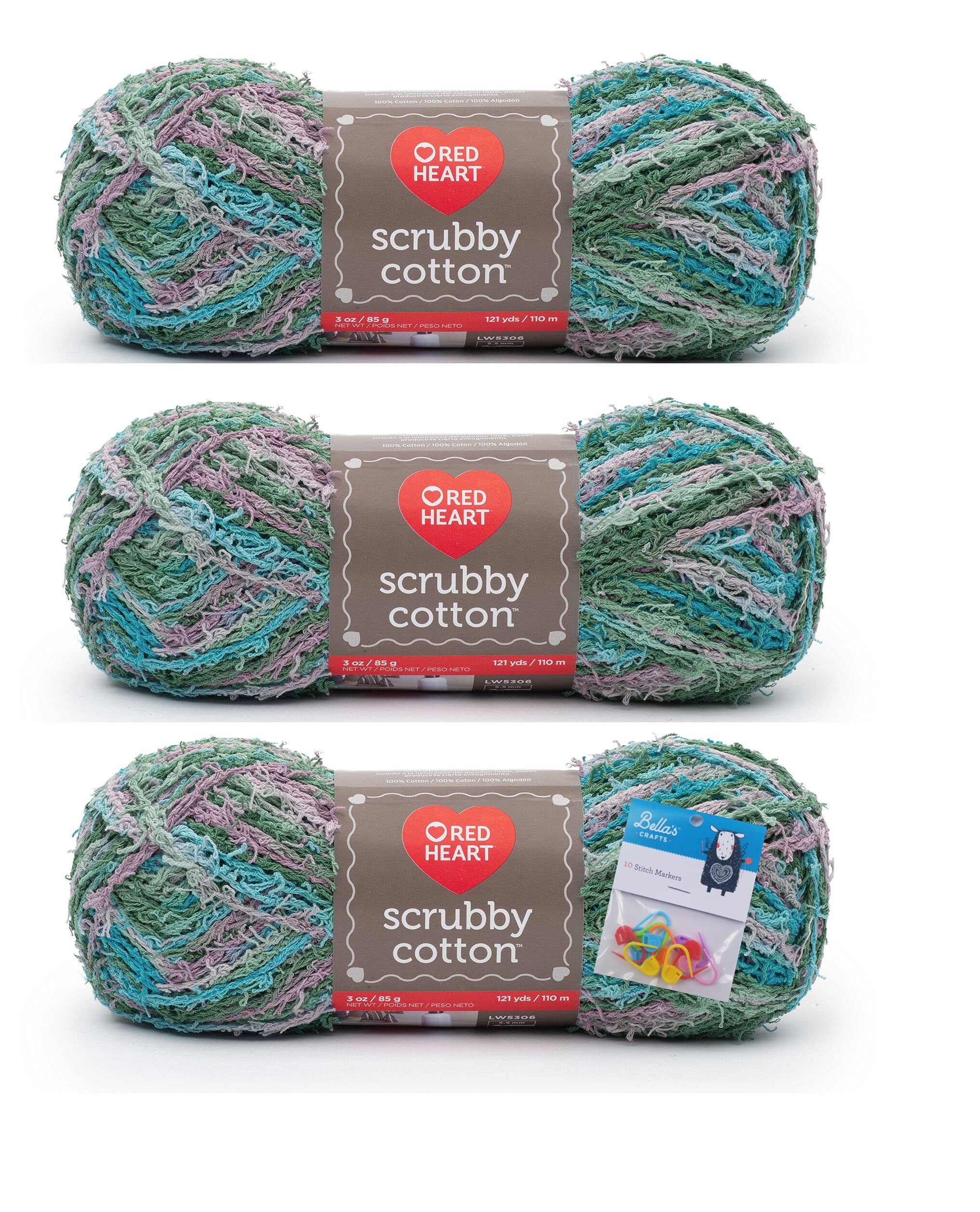 Red Heart Yarn Red Heart Scrubby Cotton Yarn - Paradise Print - 3 Pack Bundle with Bella's Crafts Stitch Markers