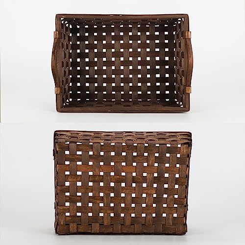 Rectangular Wooden Basket, Natural Hand Woven Storage Basket with Handles for Sundries Toys Fruits (Dark Brown)